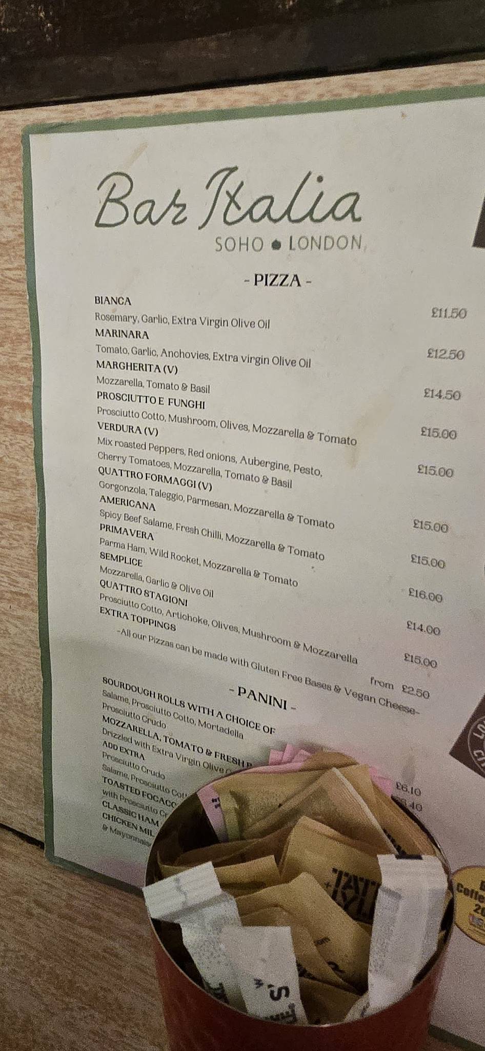 Menu at Bar Italia, London, 22 Frith St