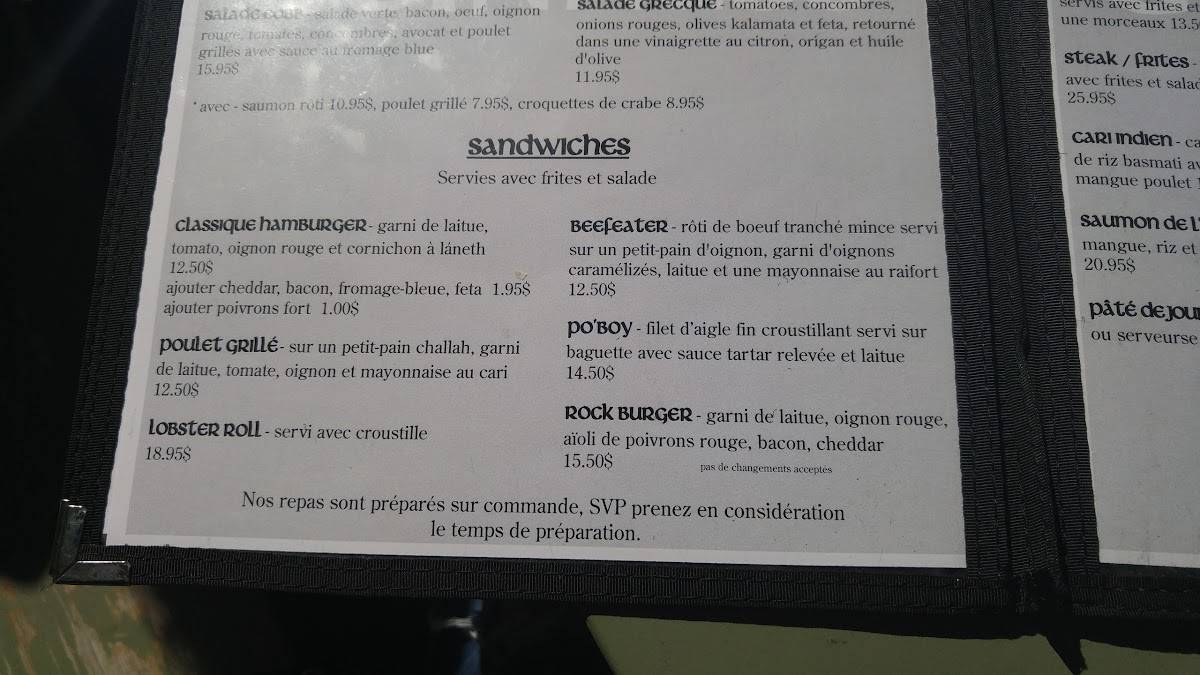 Menu at Bar Le Vieux Pub A Rockburn, Canada