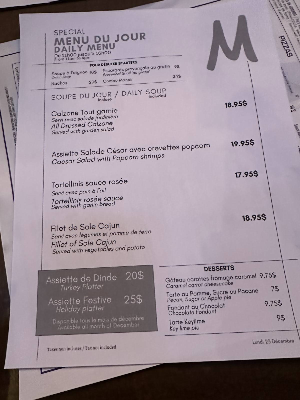 Menu at Brasserie Le Manoir Pointe-Claire pub & bar, Pointe-Claire, 600 ...