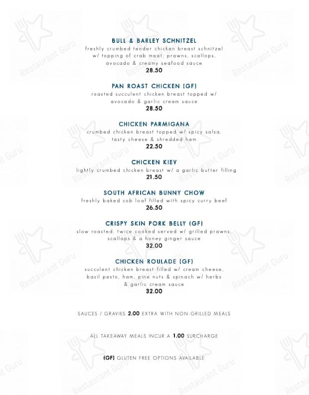 Menu at Bull & Barley Inn, Cambooya