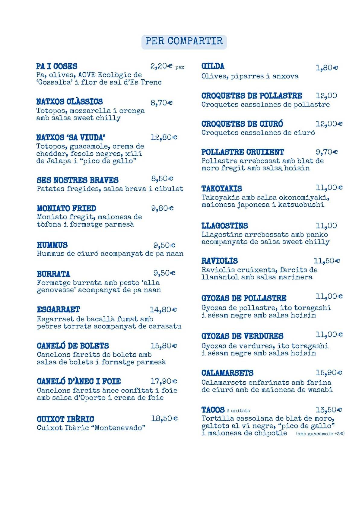 Carta del pub y bar Ca sa Viuda, Porreras