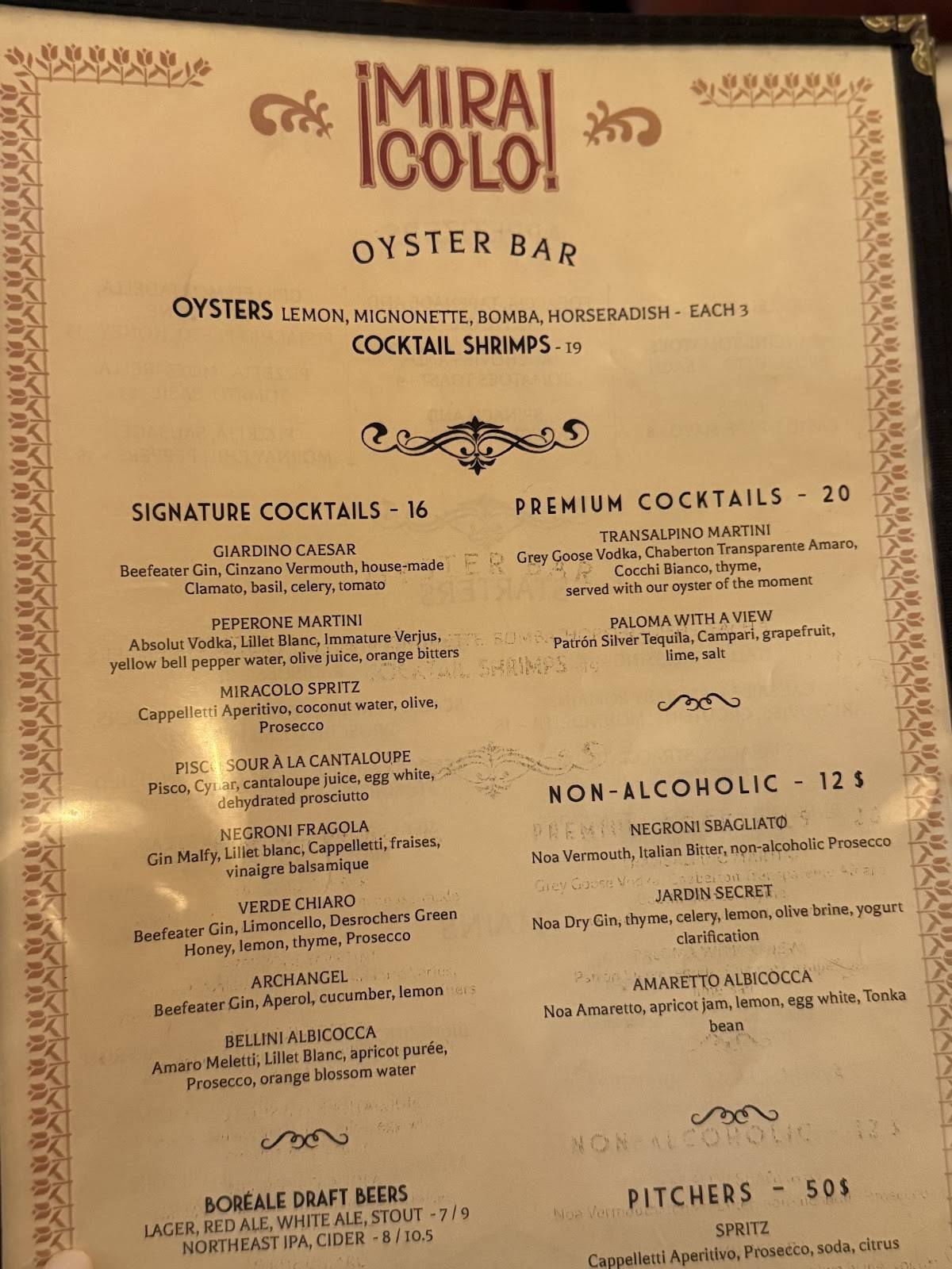 Menu au Café Miracolo, Montréal