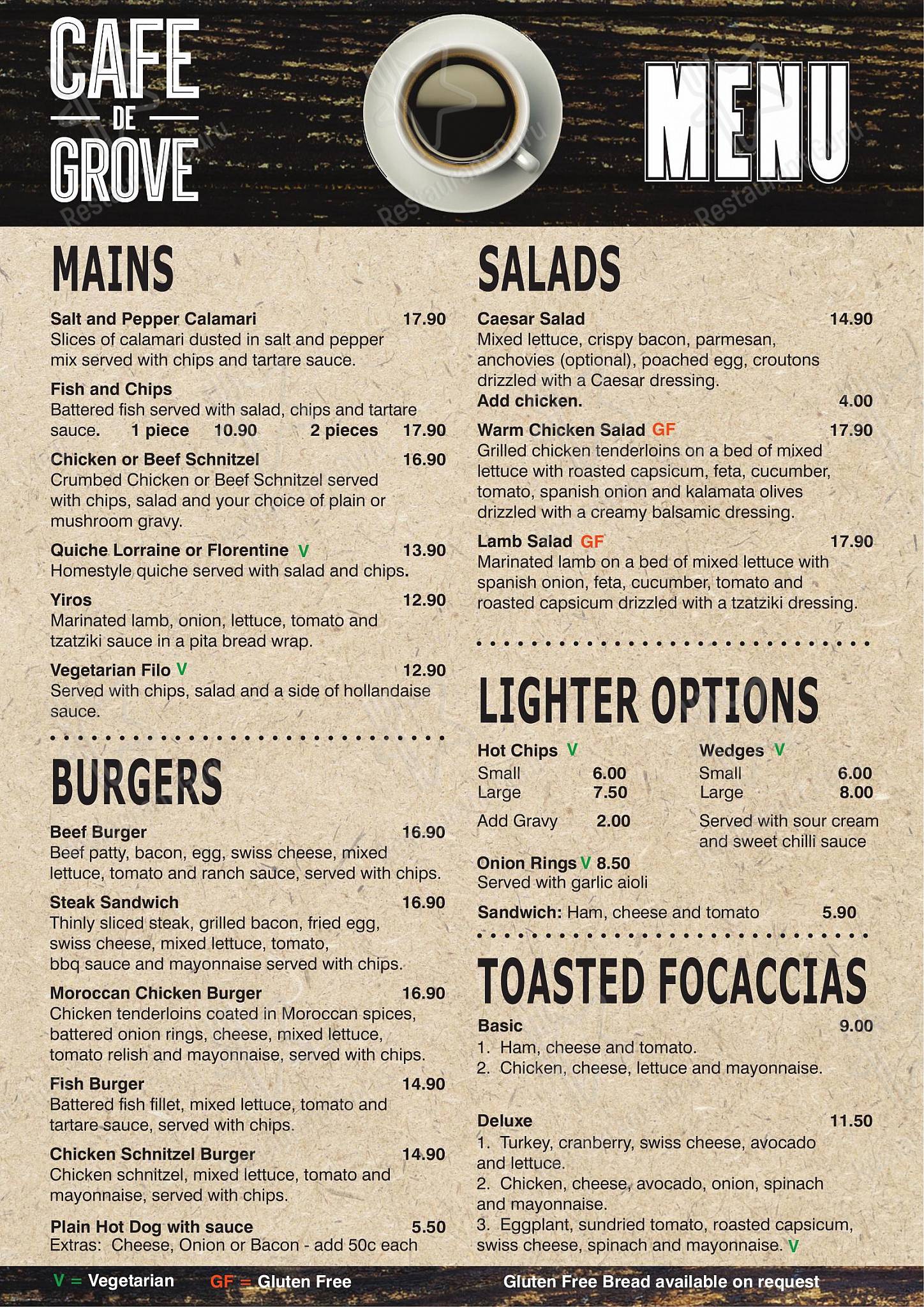 Menu at Cafe de Grove, Golden Grove