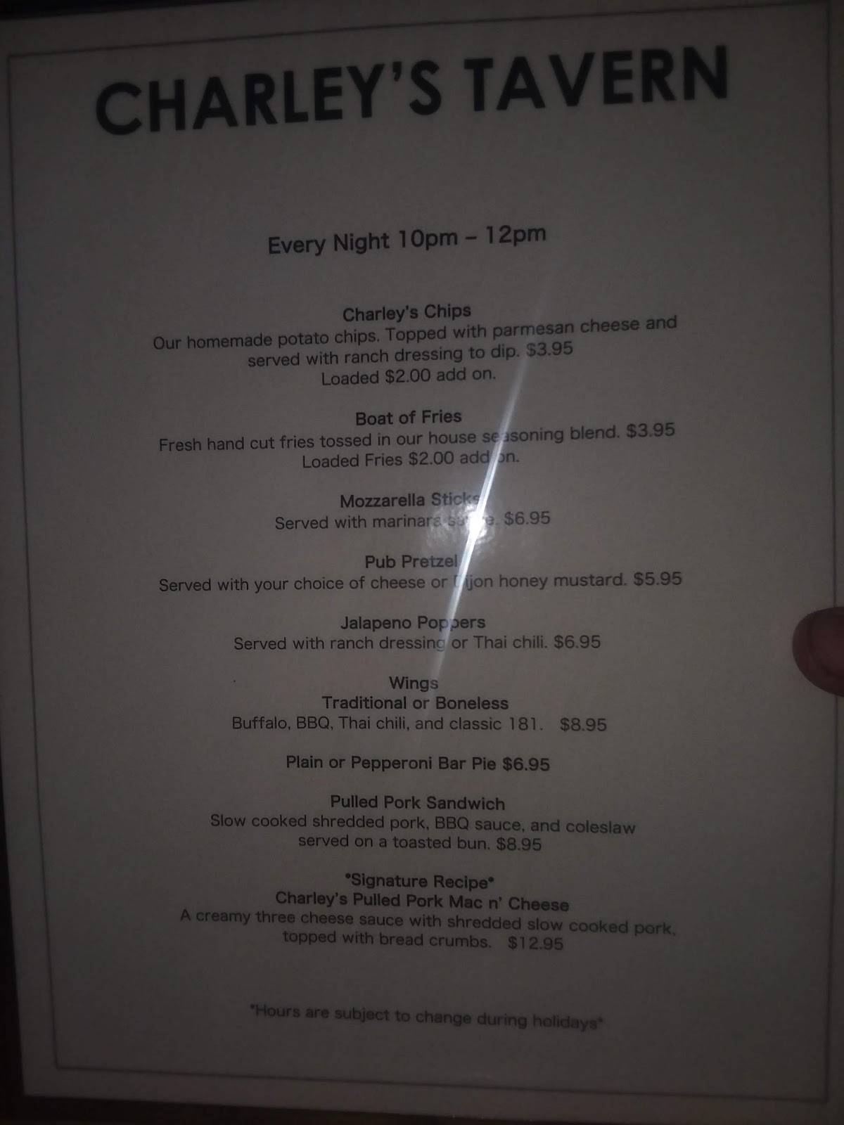 Menu at Charley's Tavern pub & bar, Hopatcong