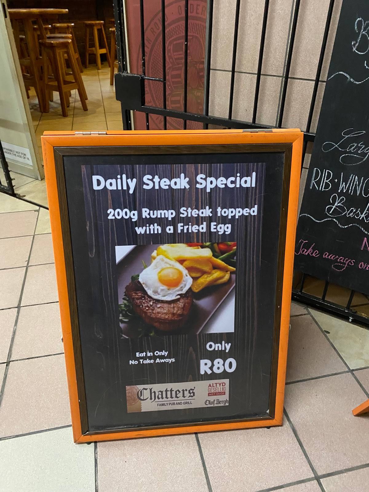 Menu at Chatters Pub, Krugersdorp