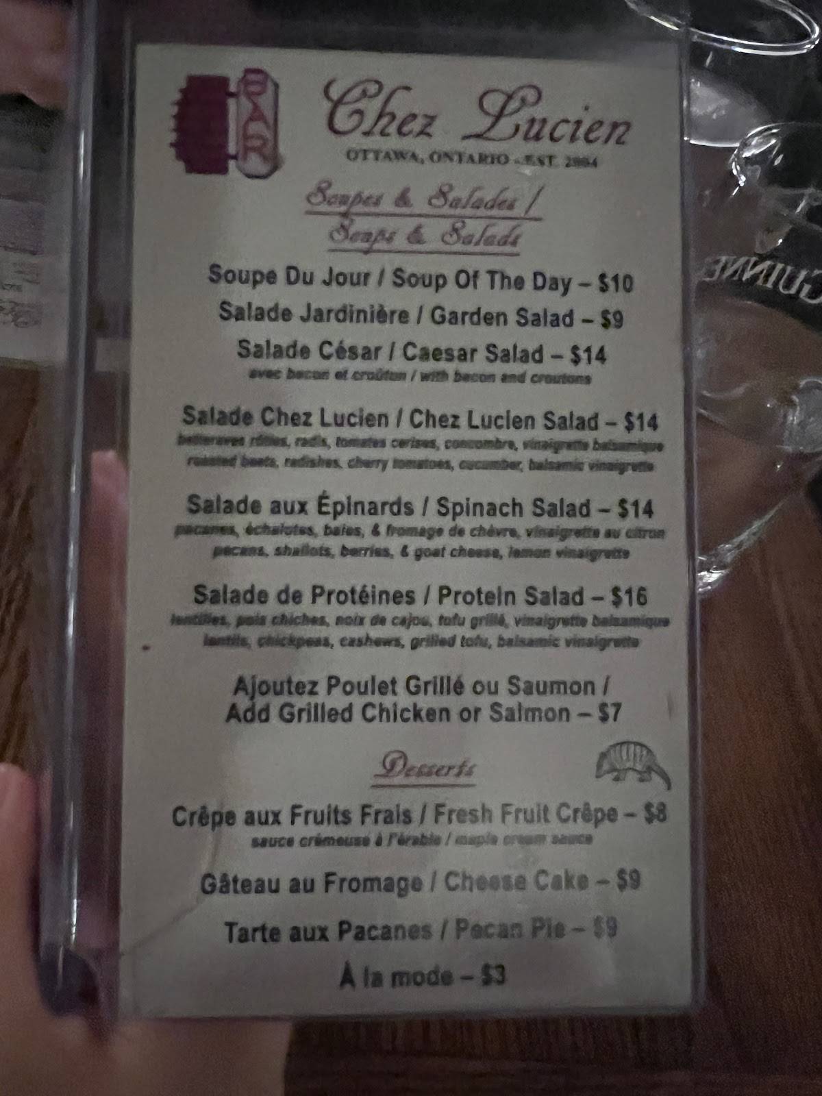 Menu at Chez Lucien pub & bar, Ottawa