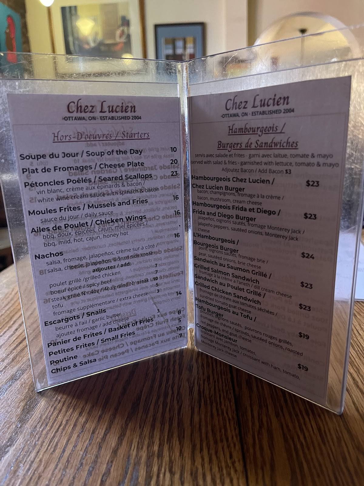 Menu at Chez Lucien pub & bar, Ottawa