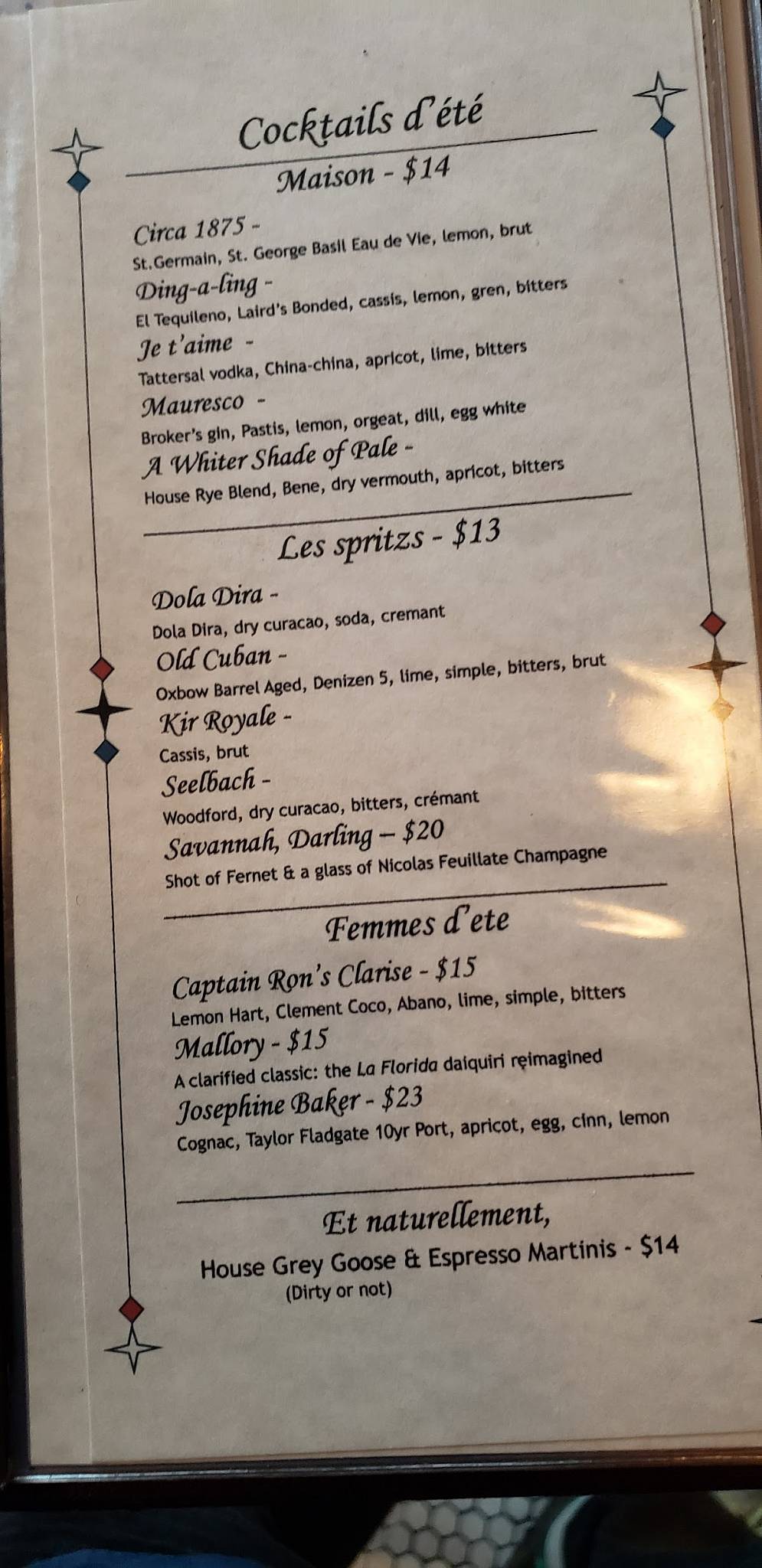 Menu at Circa 1875 pub & bar, Savannah