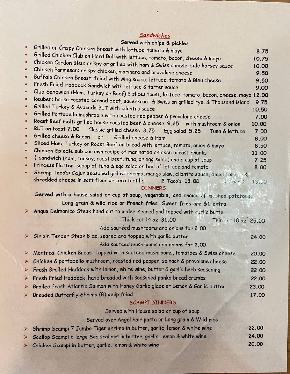 Menu at Club 55, Sidney