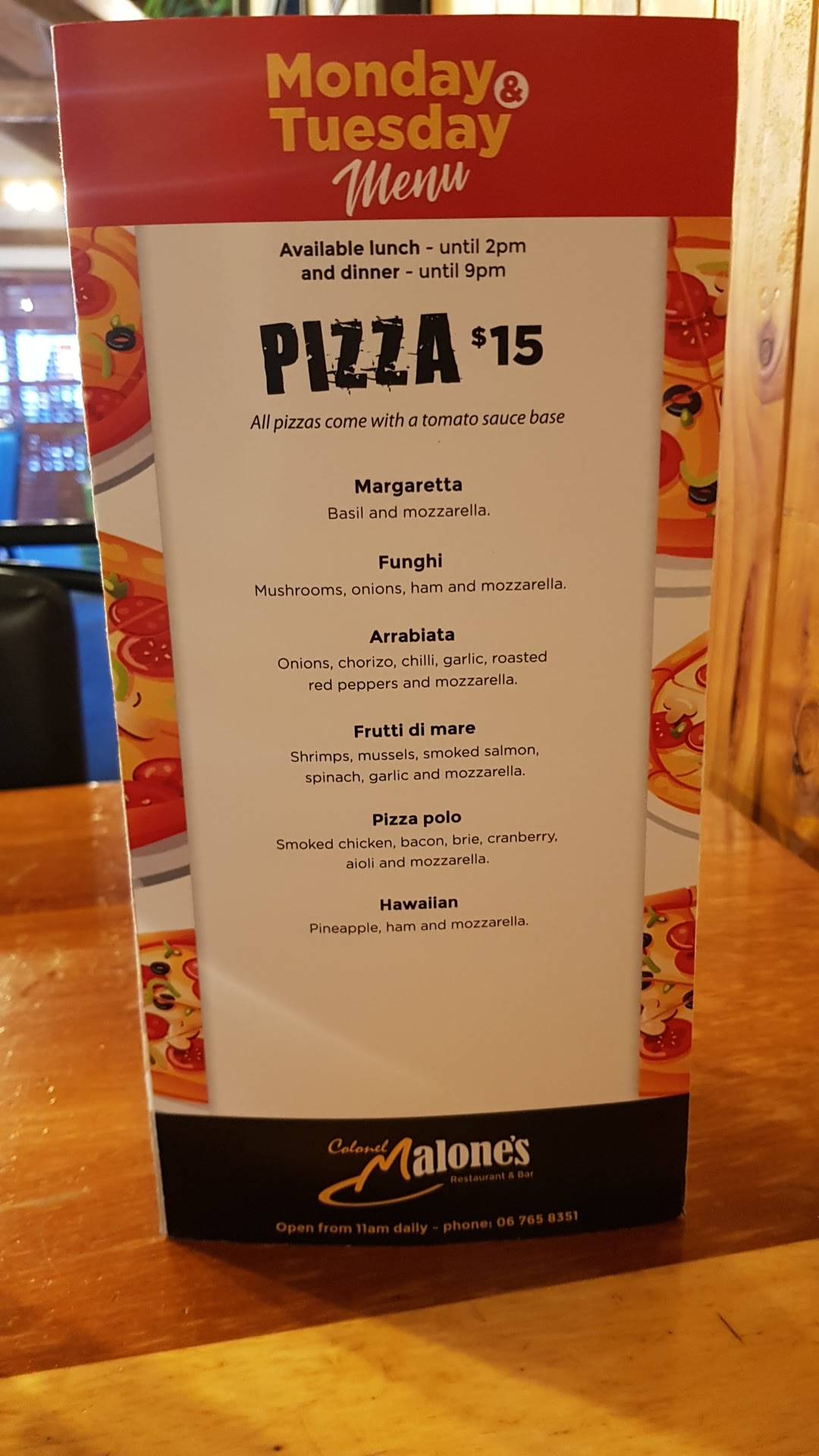 Menu at Colonel Malone's Restaurant & Bar, Stratford