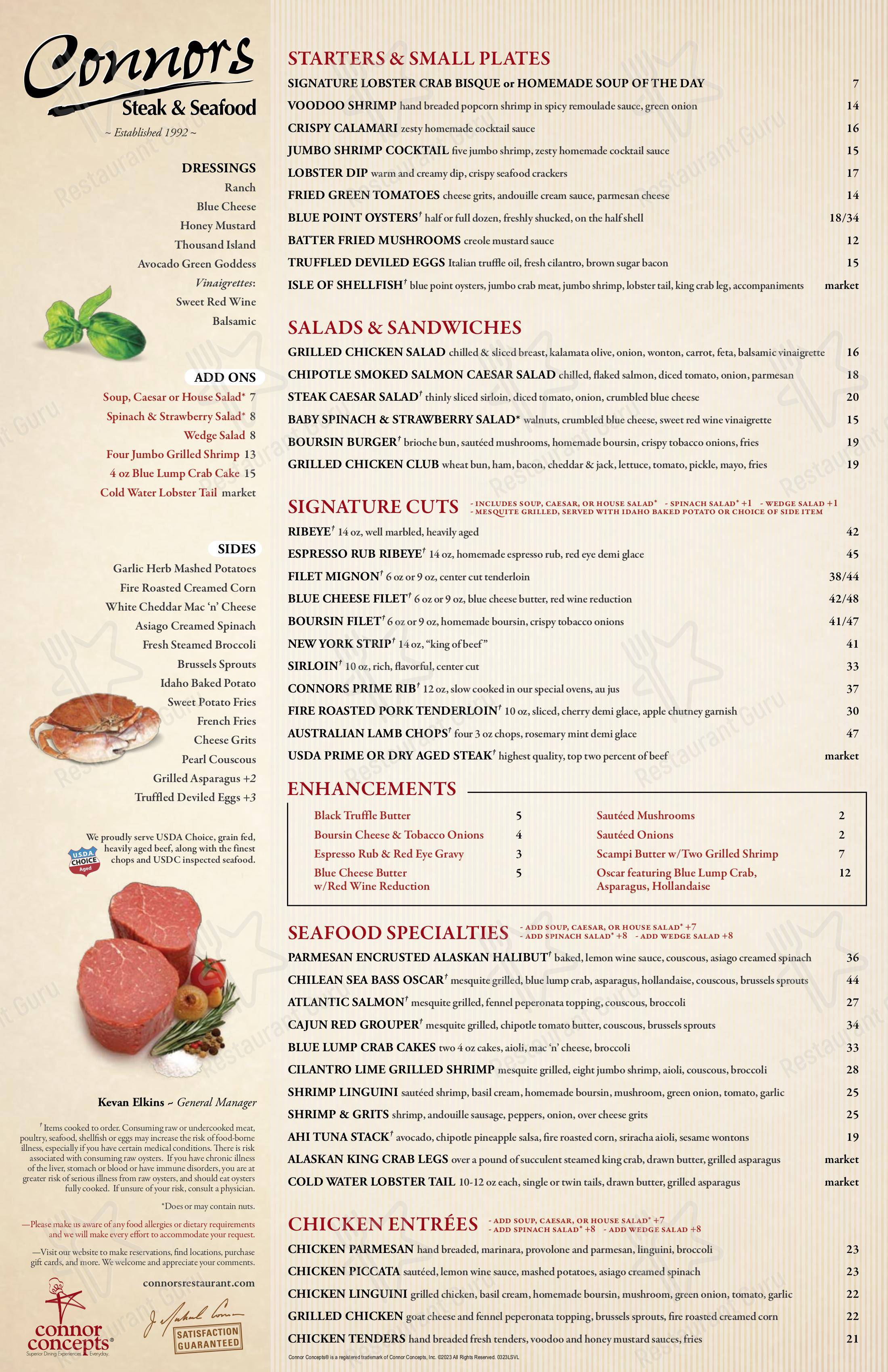 Menu at Connors Steak & Seafood pub & bar, Knoxville