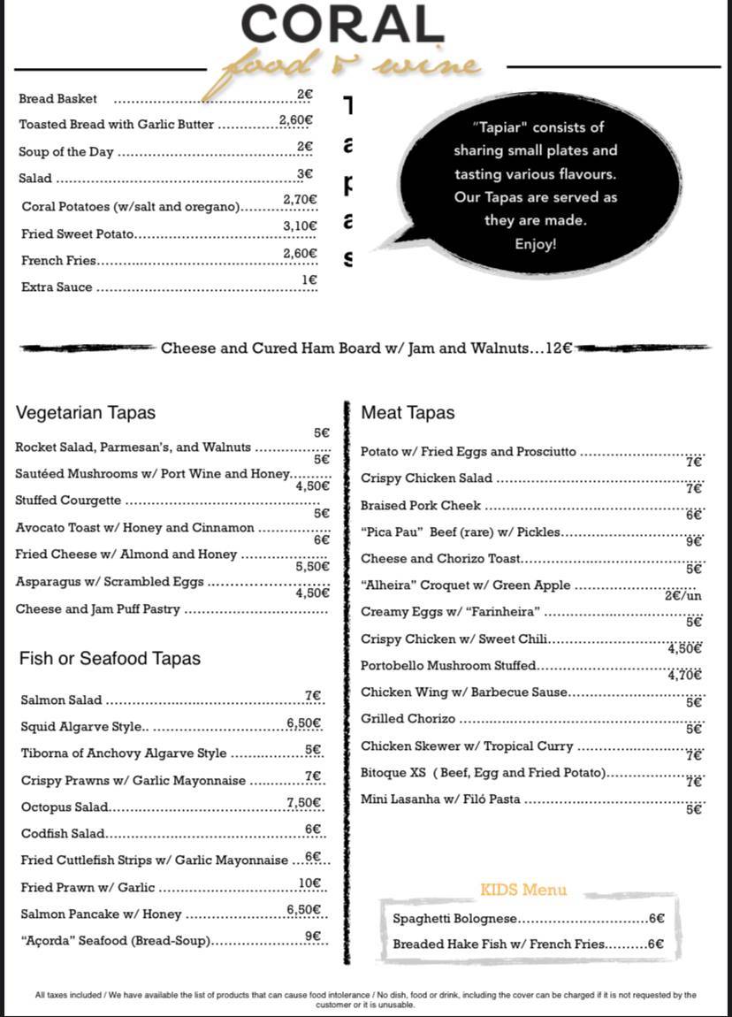 Menu em Coral Food & Wine tapas e vinoteca pub & Bar, Quarteira