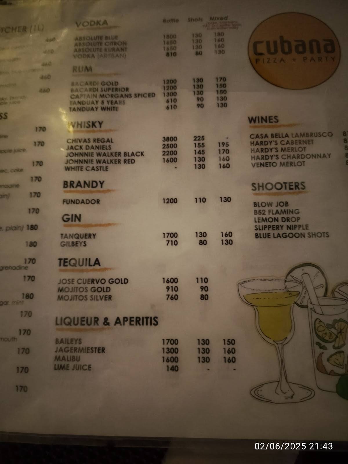 Menu at Cubana pub & bar, Cebu City, 516 General Maxilom Ave
