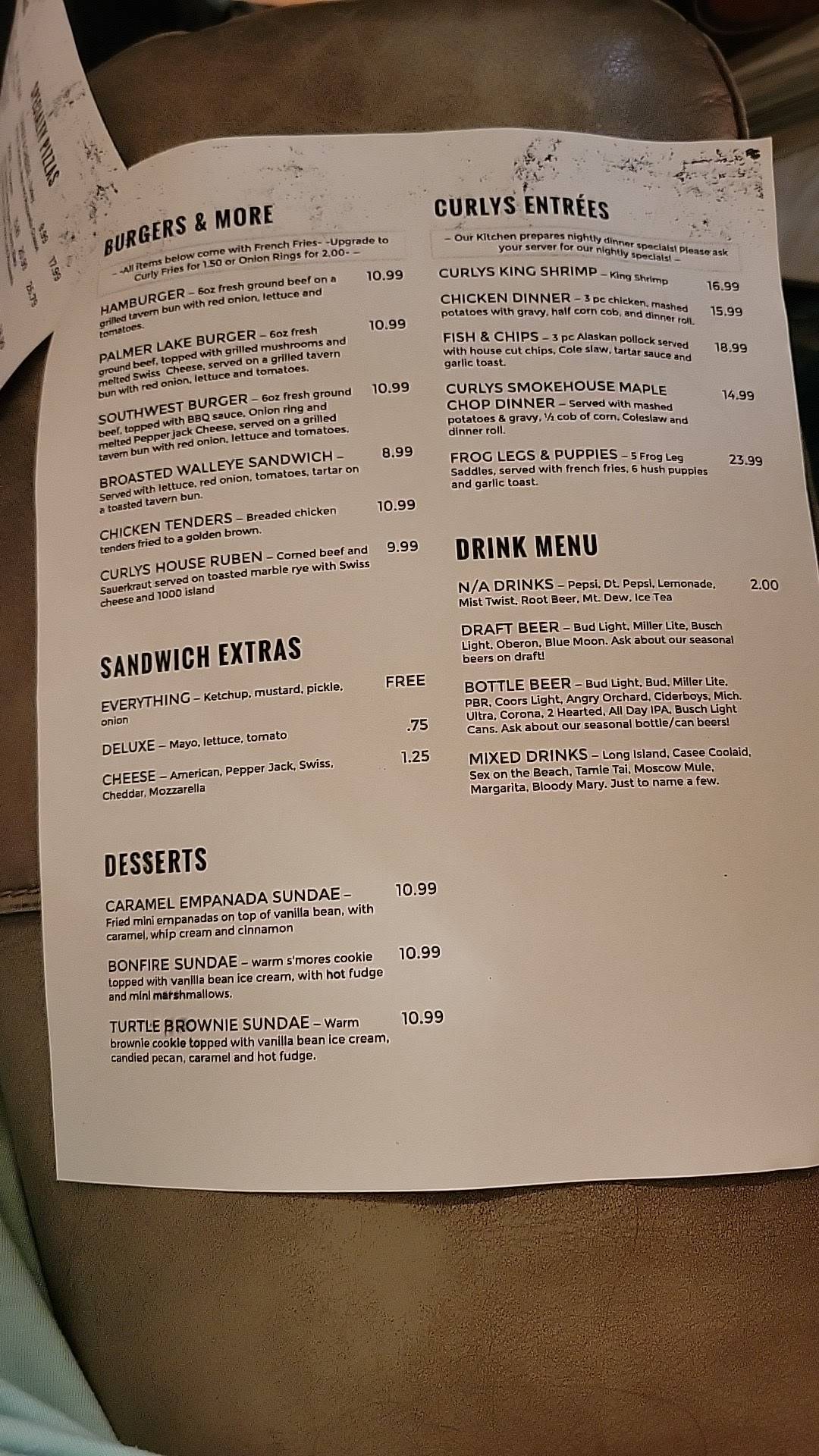 Menu at Curlys Inc pub & bar, Colon