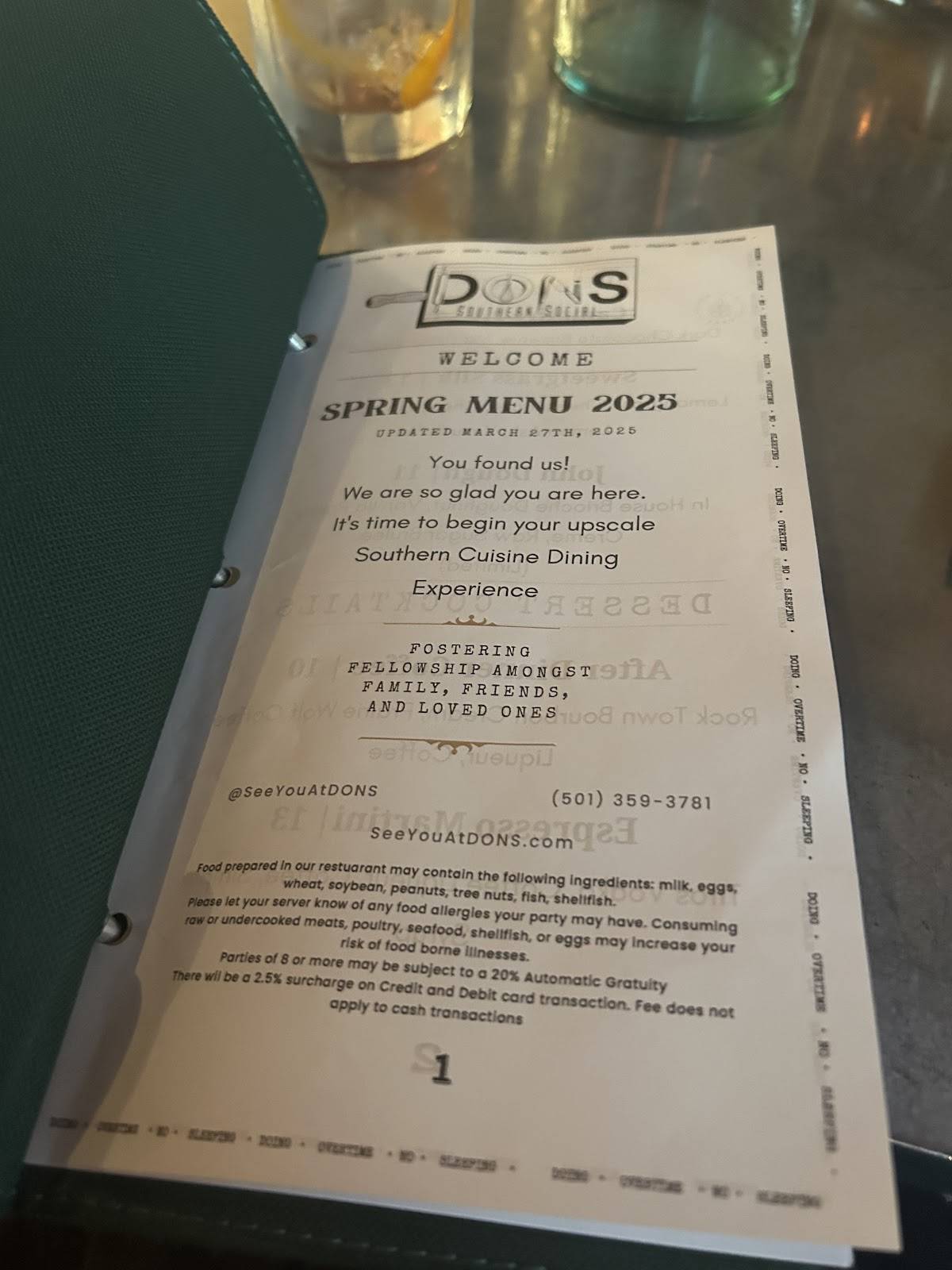 Menu at DONS Southern Social pub & bar, Hot Springs