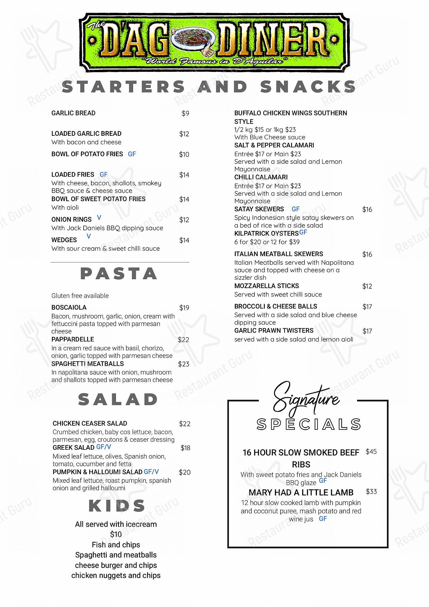 Menu at Dag Pub & Motel, D'Aguilar