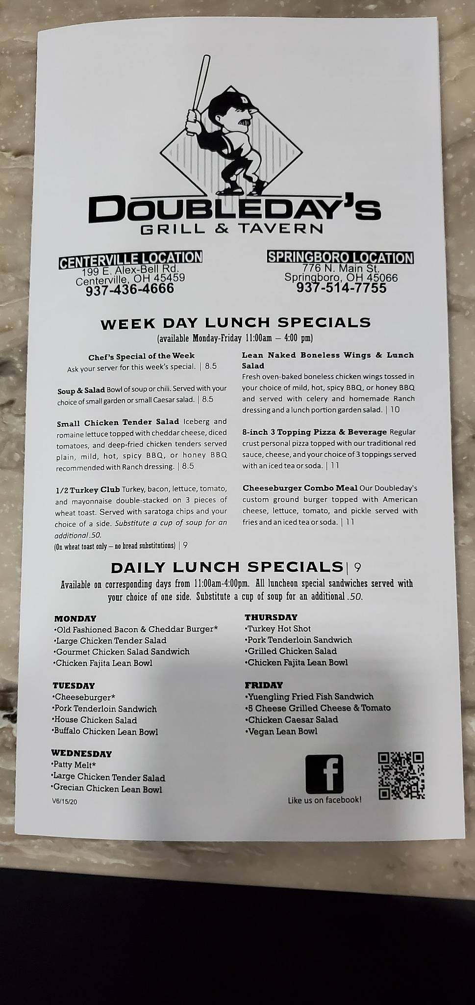 Menu at Doubleday's Grill & Tavern restaurant, Centerville