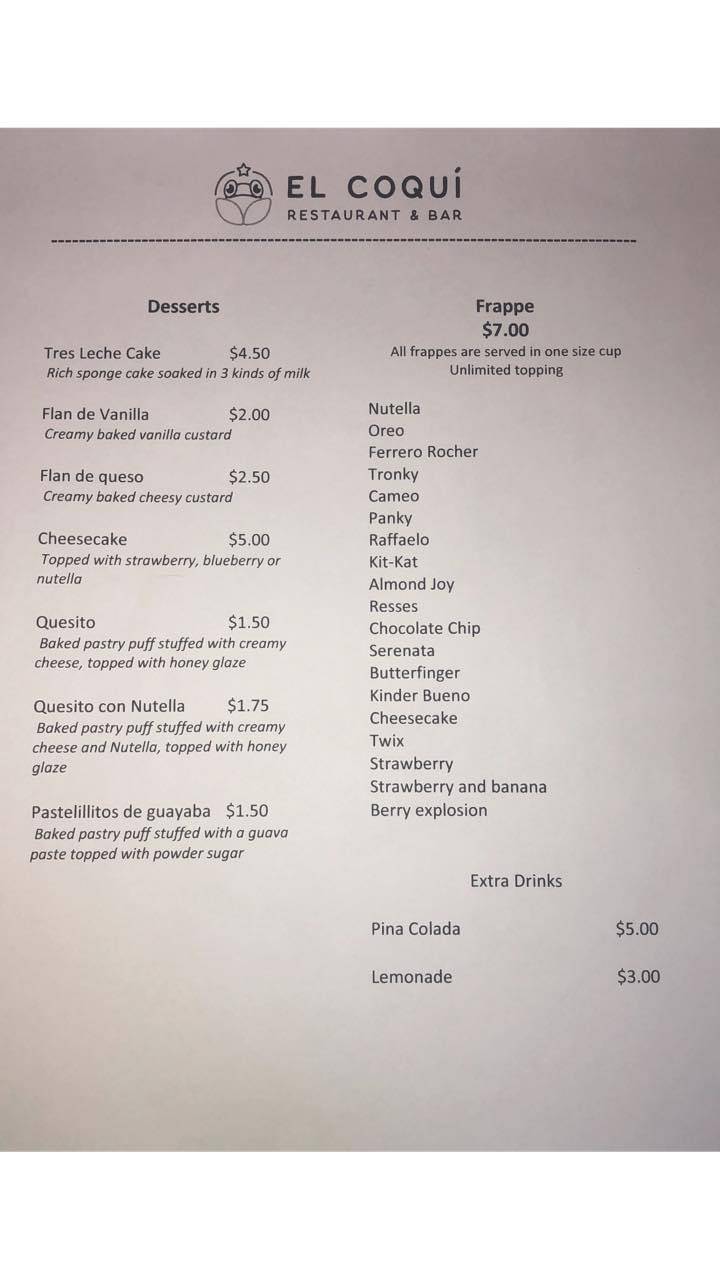 Carta de El Coqui Restaurant & Bar, Wilkes-Barre