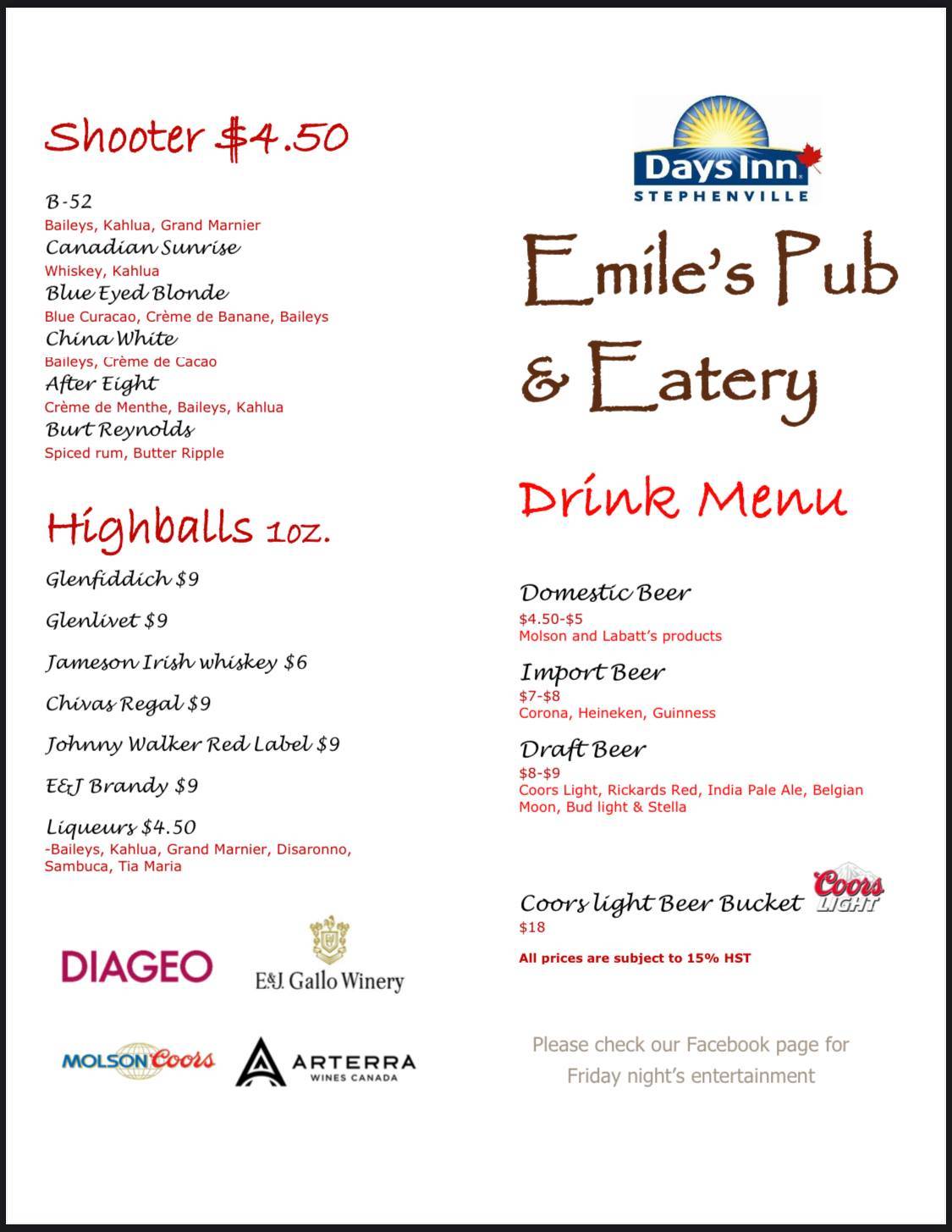 Menu at Emiles Pub & Eatery, Stephenville