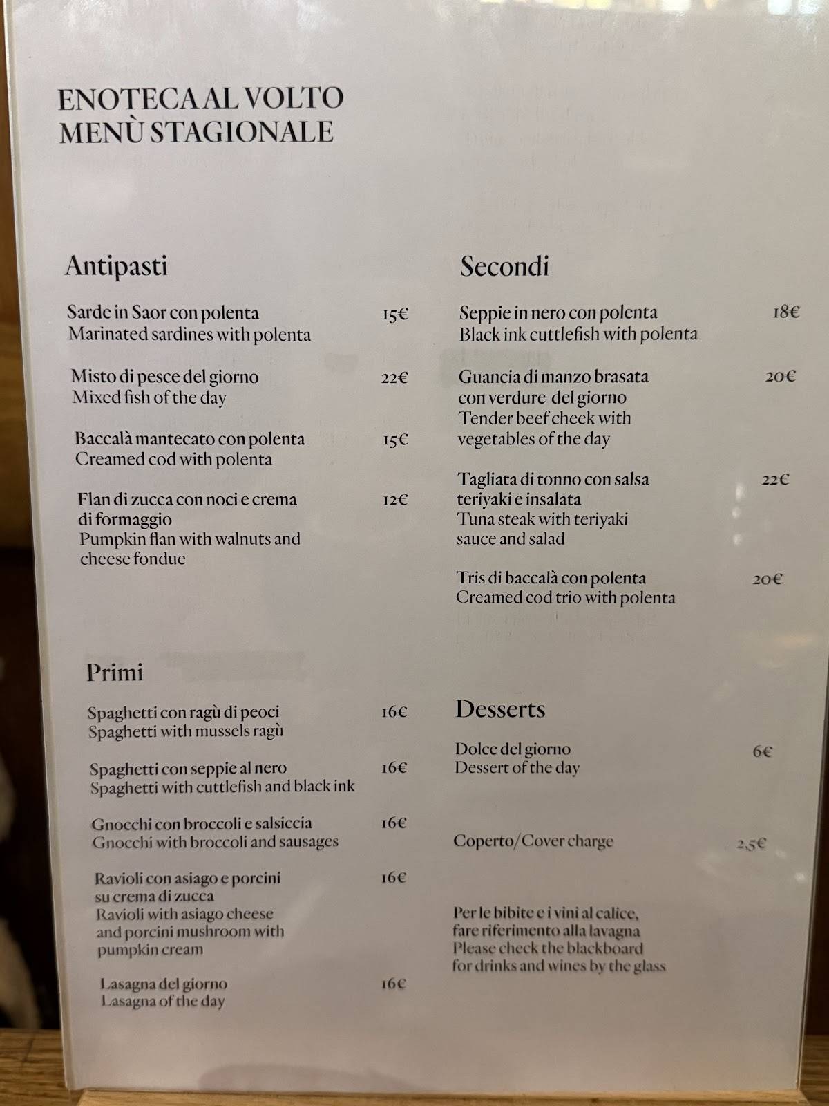 Carta del pub y bar Enoteca Al Volto, Venecia, C. Cavalli