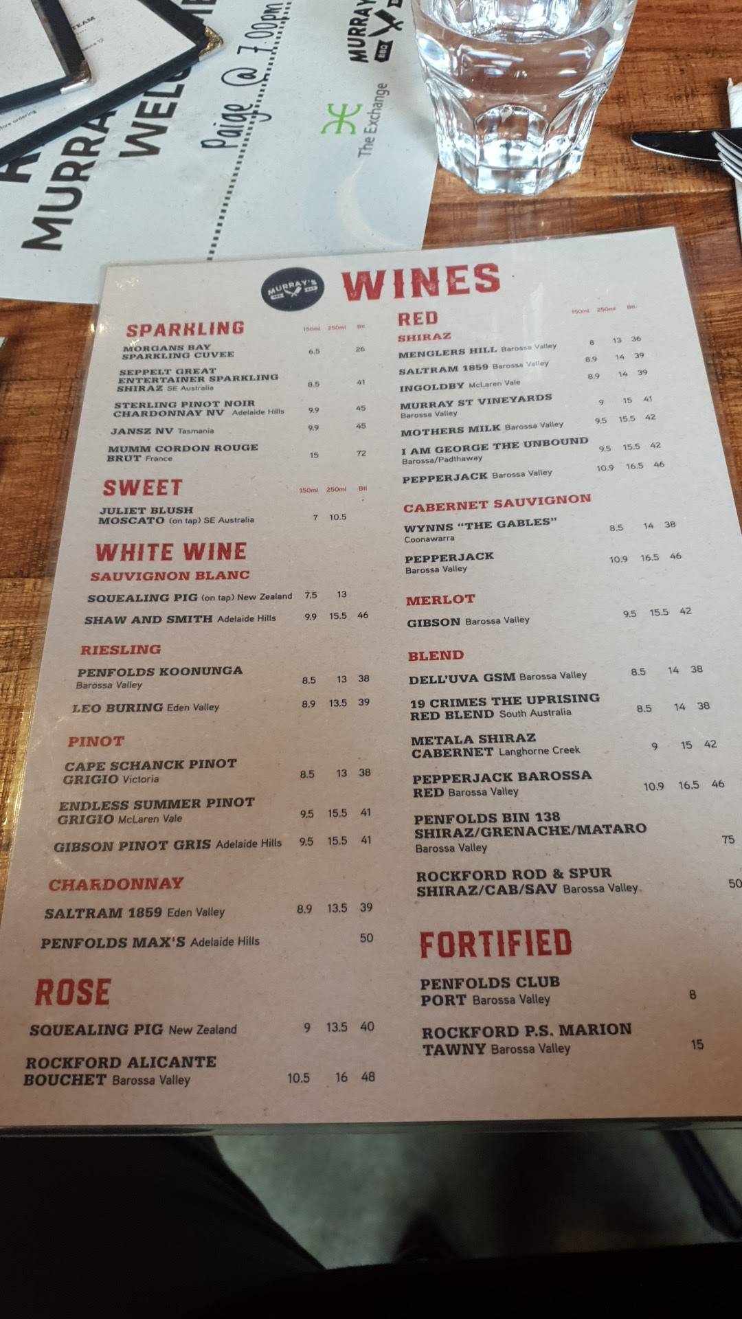 Menu at Exchange Hotel pub & bar, Gawler