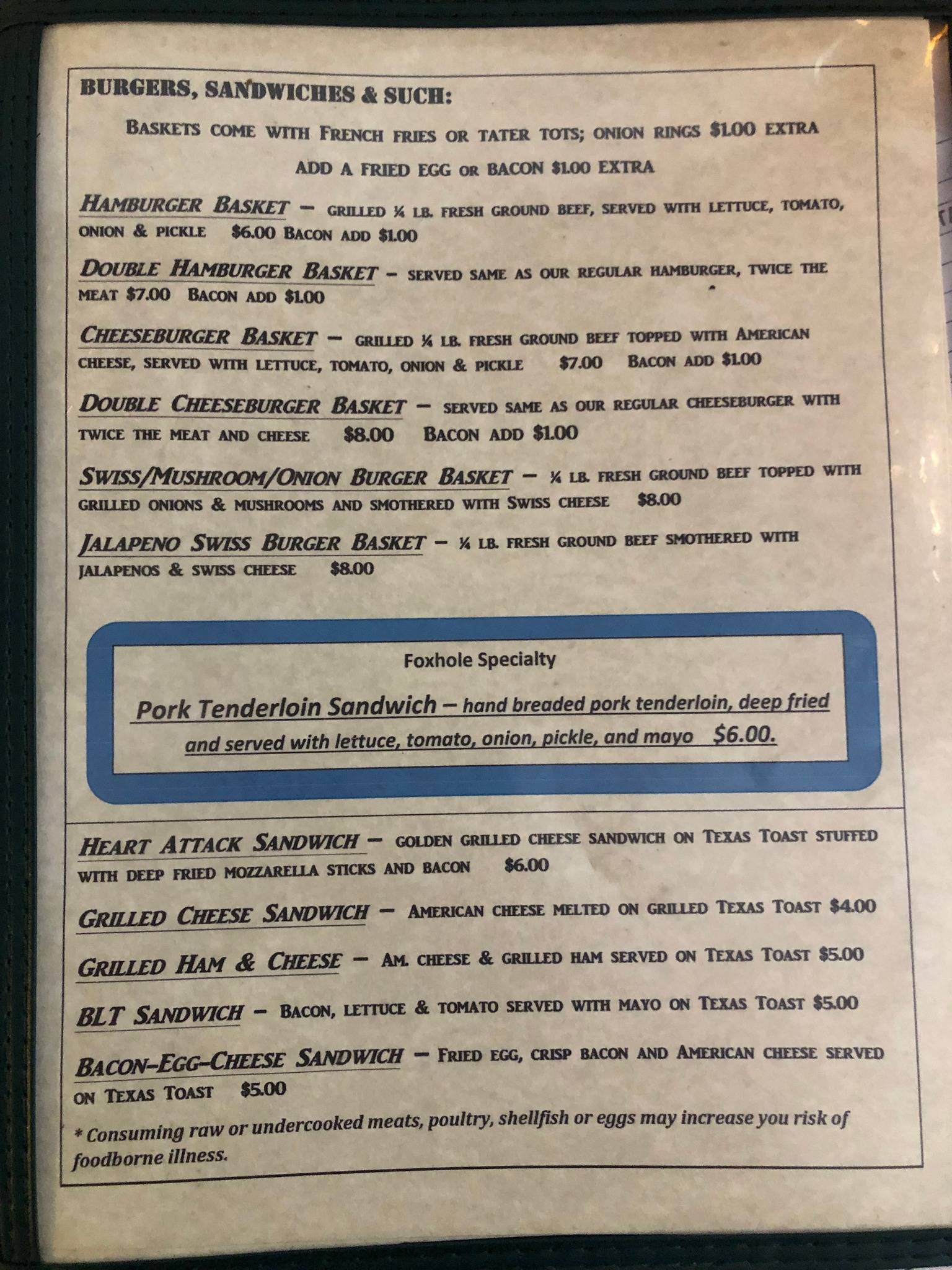 Menu at Foxhole Bar and Grill, Springfield, 2350 N Clifton Ave