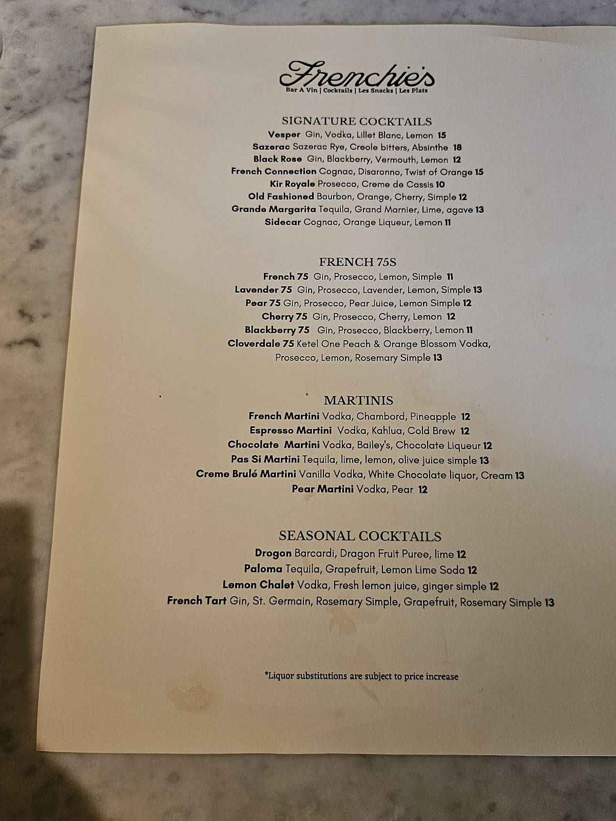 Menu at Frenchie's pub & bar, Montgomery