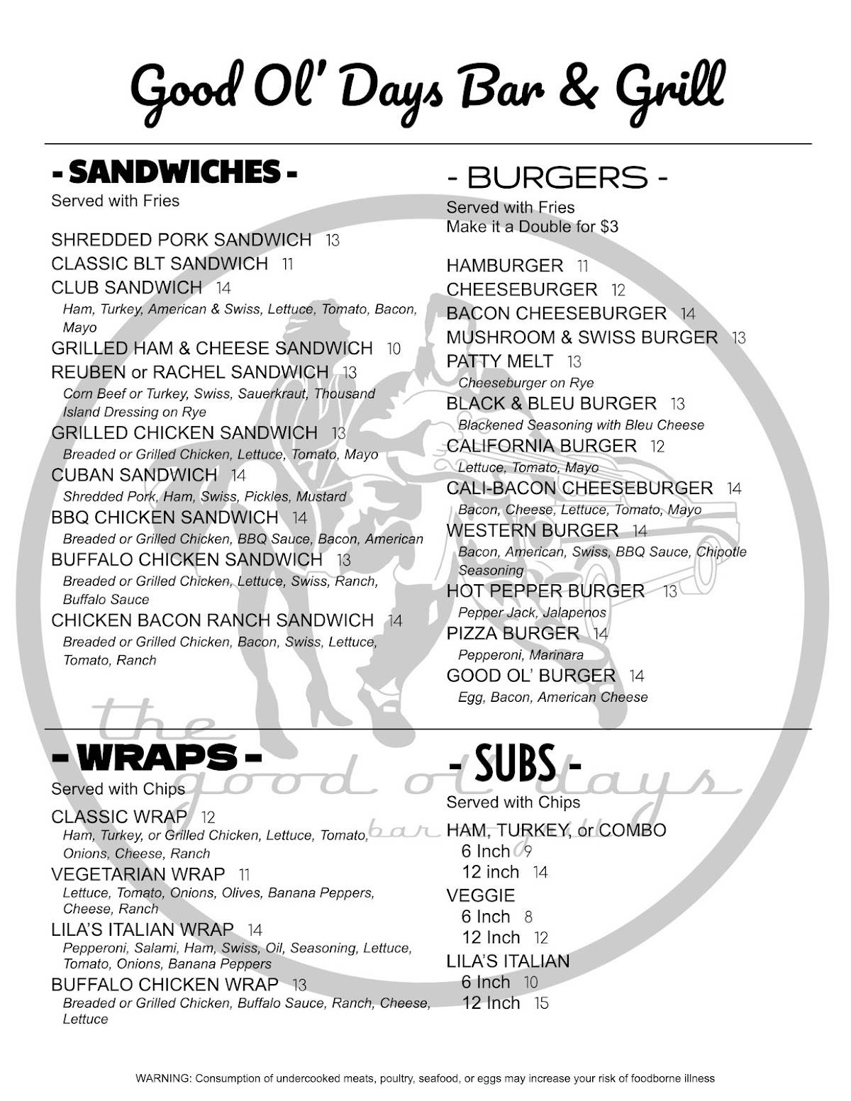 Menu at Good Ol' Days Bar & Grill, Tower, 316 Main St