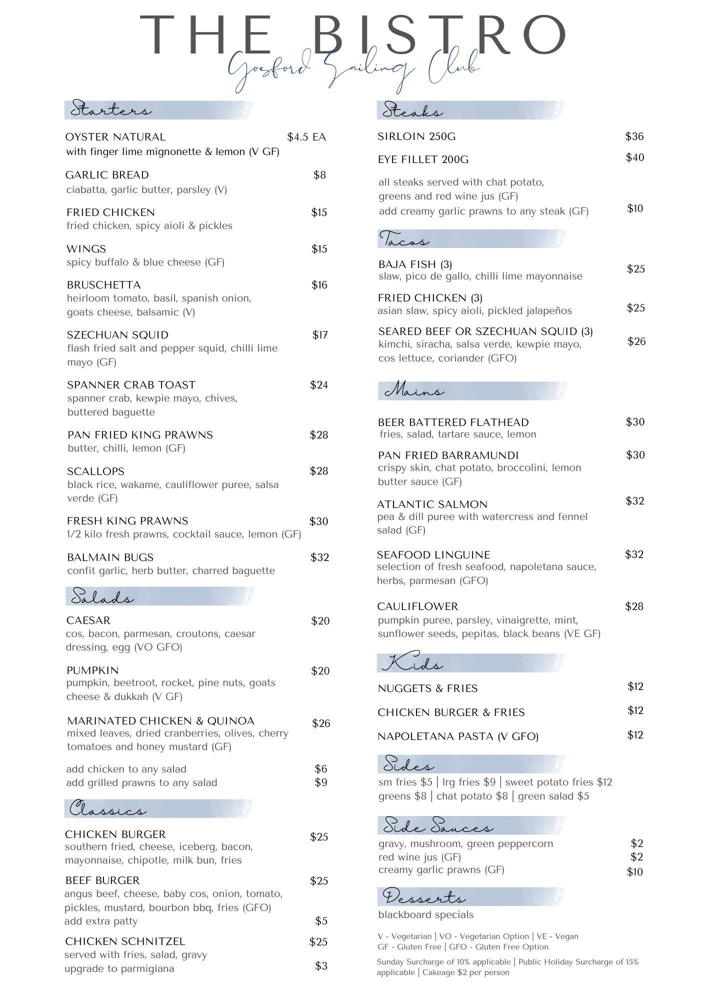 Menu at Gosford Sailing Club, Gosford, 28 Masons Parade