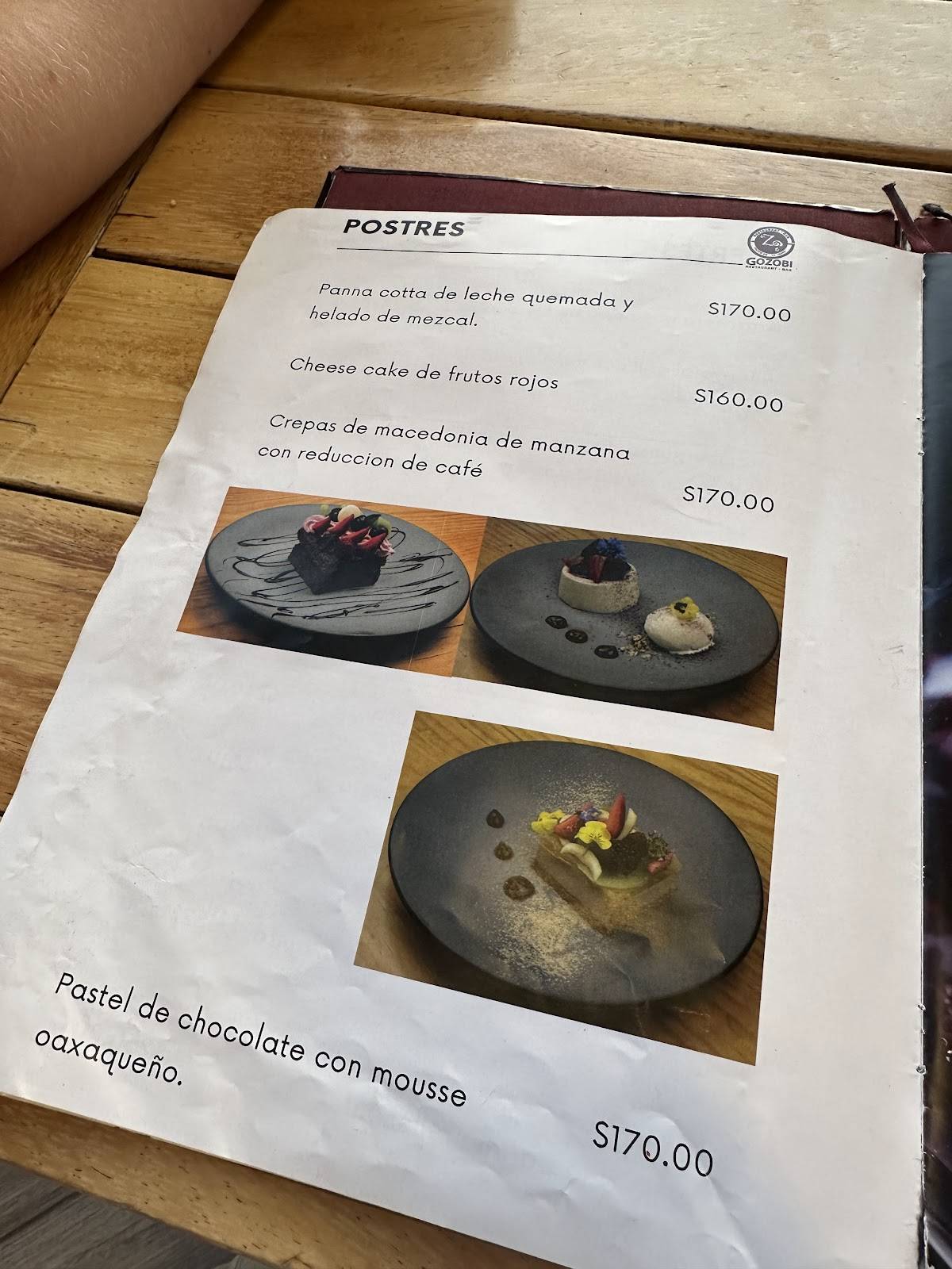 Menu at Gozobi Restaurante Bar, Oaxaca