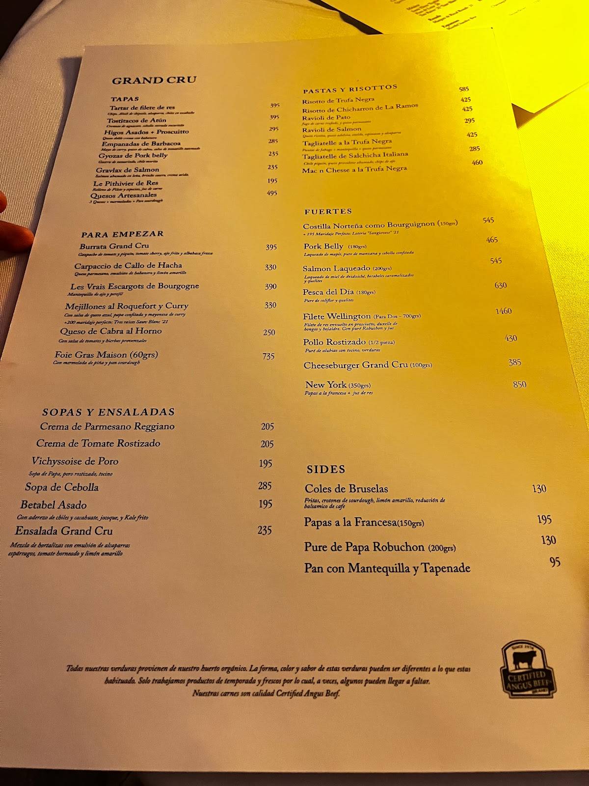 Carta del pub y bar Grand Cru, San Pedro Garza García