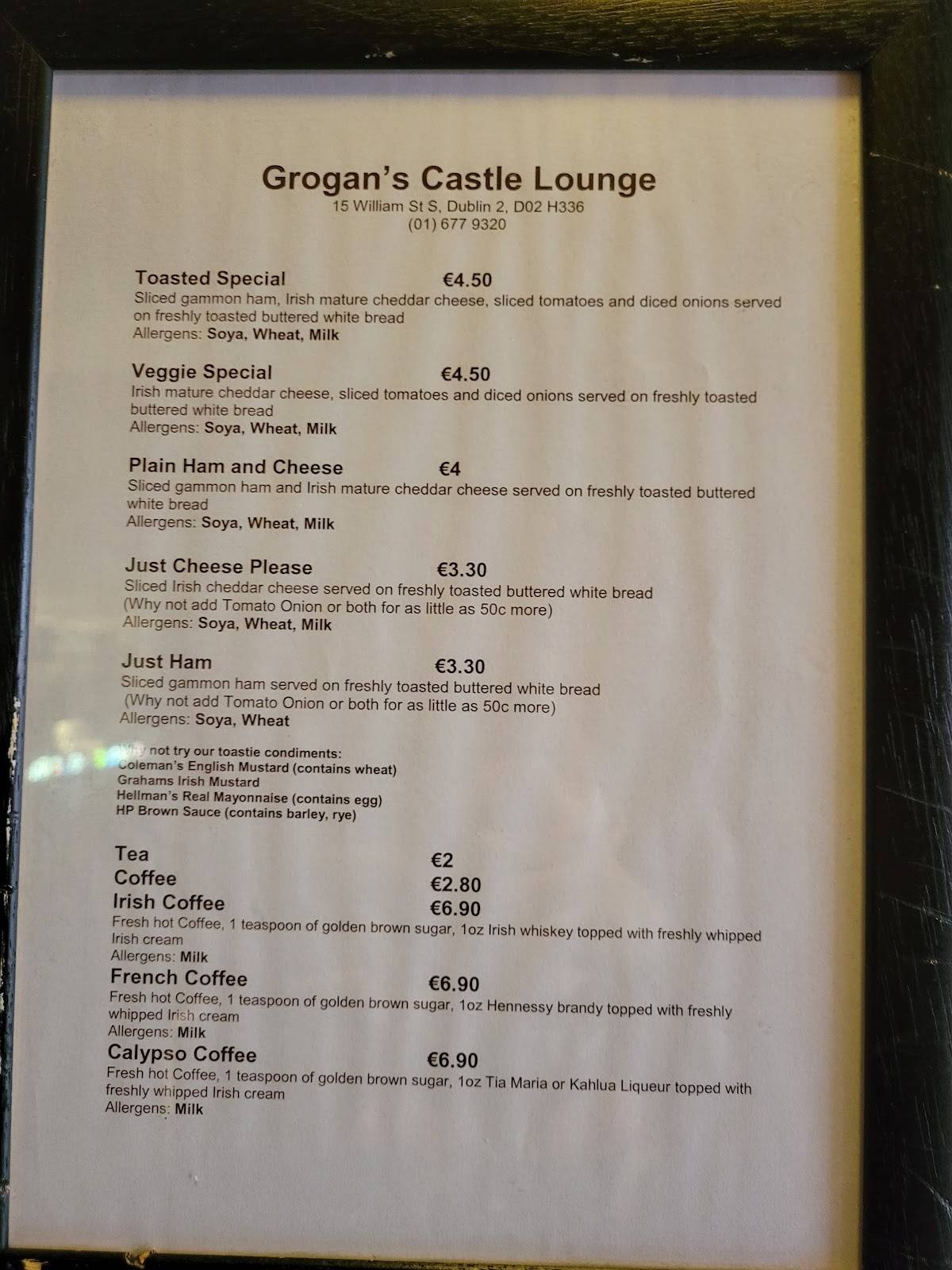 Menu at Grogan's pub & bar, Dublin