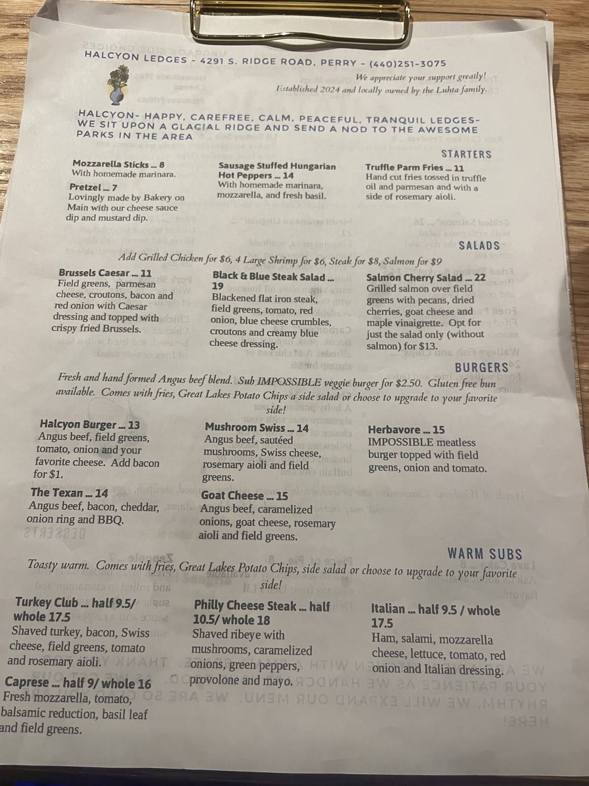 Menu at Halcyon Ledges pub & bar, Perry