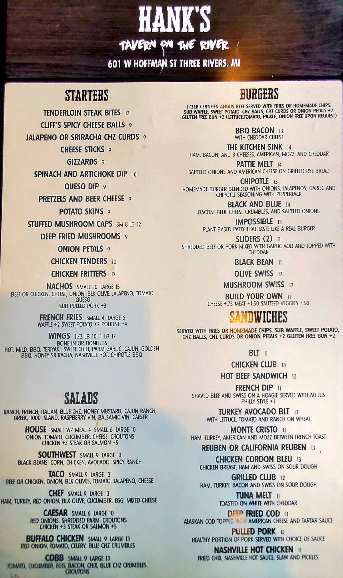 Menu at Hank's Tavern on the River pub & bar, Three Rivers