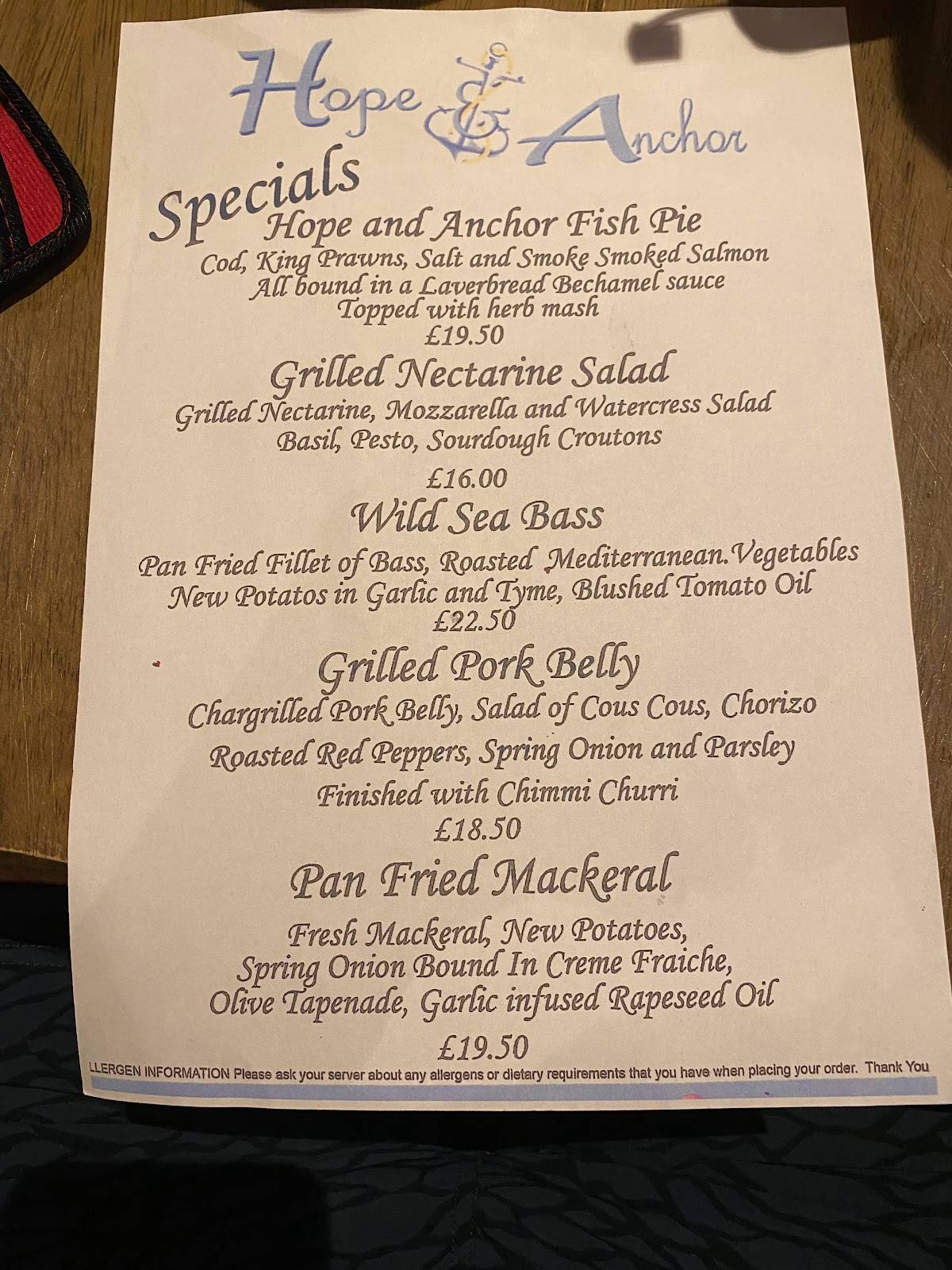 Menu at Hope & Anchor pub & bar, Tenby