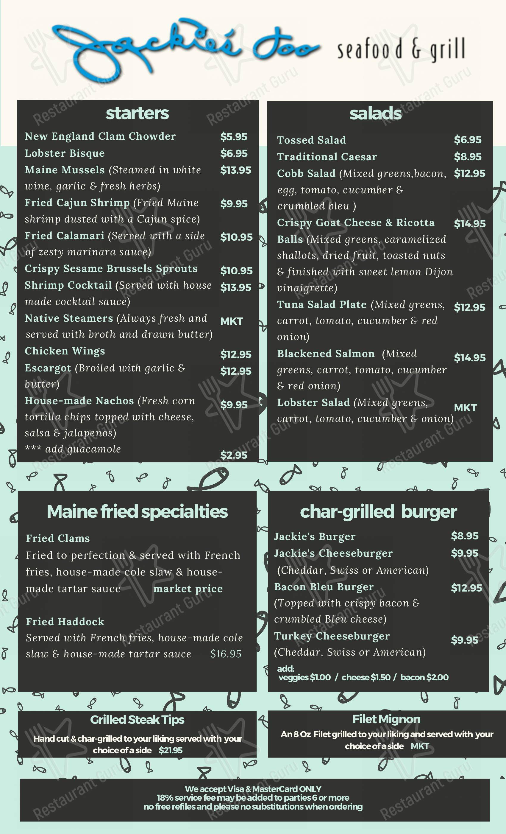 Menu at Jackie's Too pub & bar, Ogunquit, 91 Perkins Cove Rd