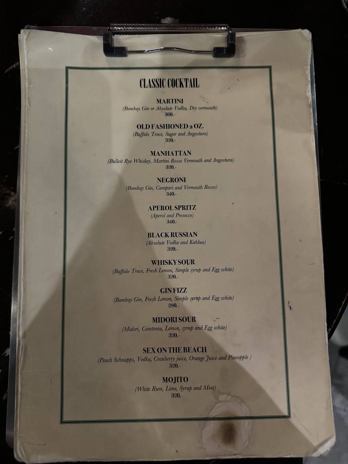 Menu at Joe’s Whisper pub & bar, Bangkok