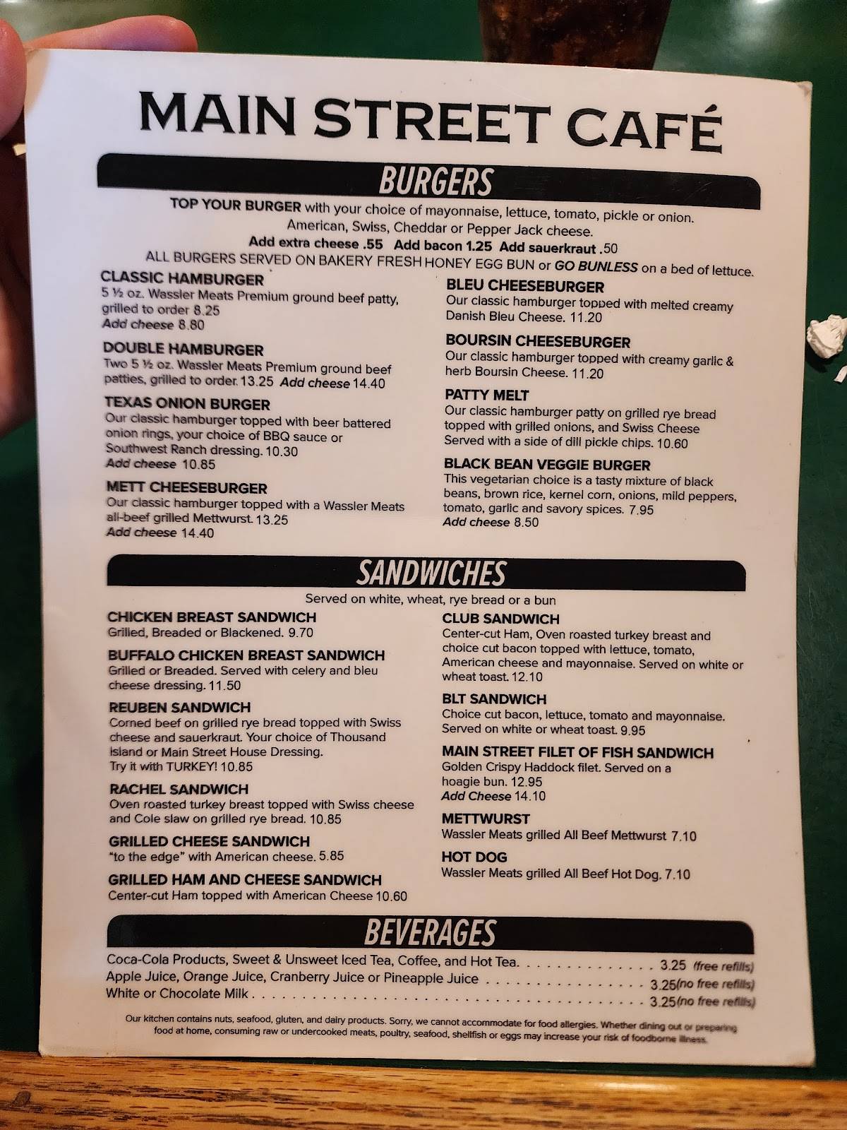Menu at Main Street Cafe, Newtown