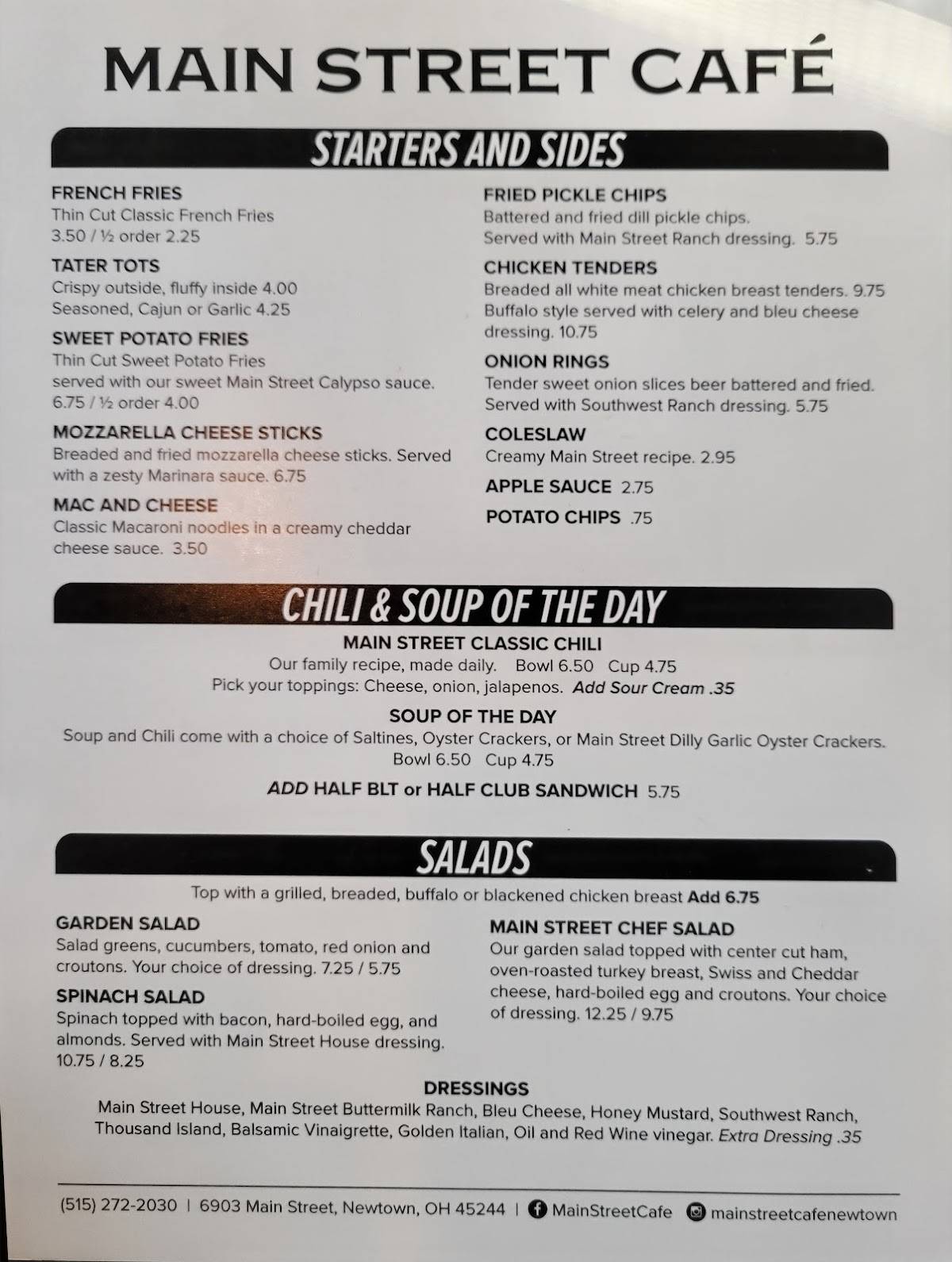 Menu at Main Street Cafe, Newtown
