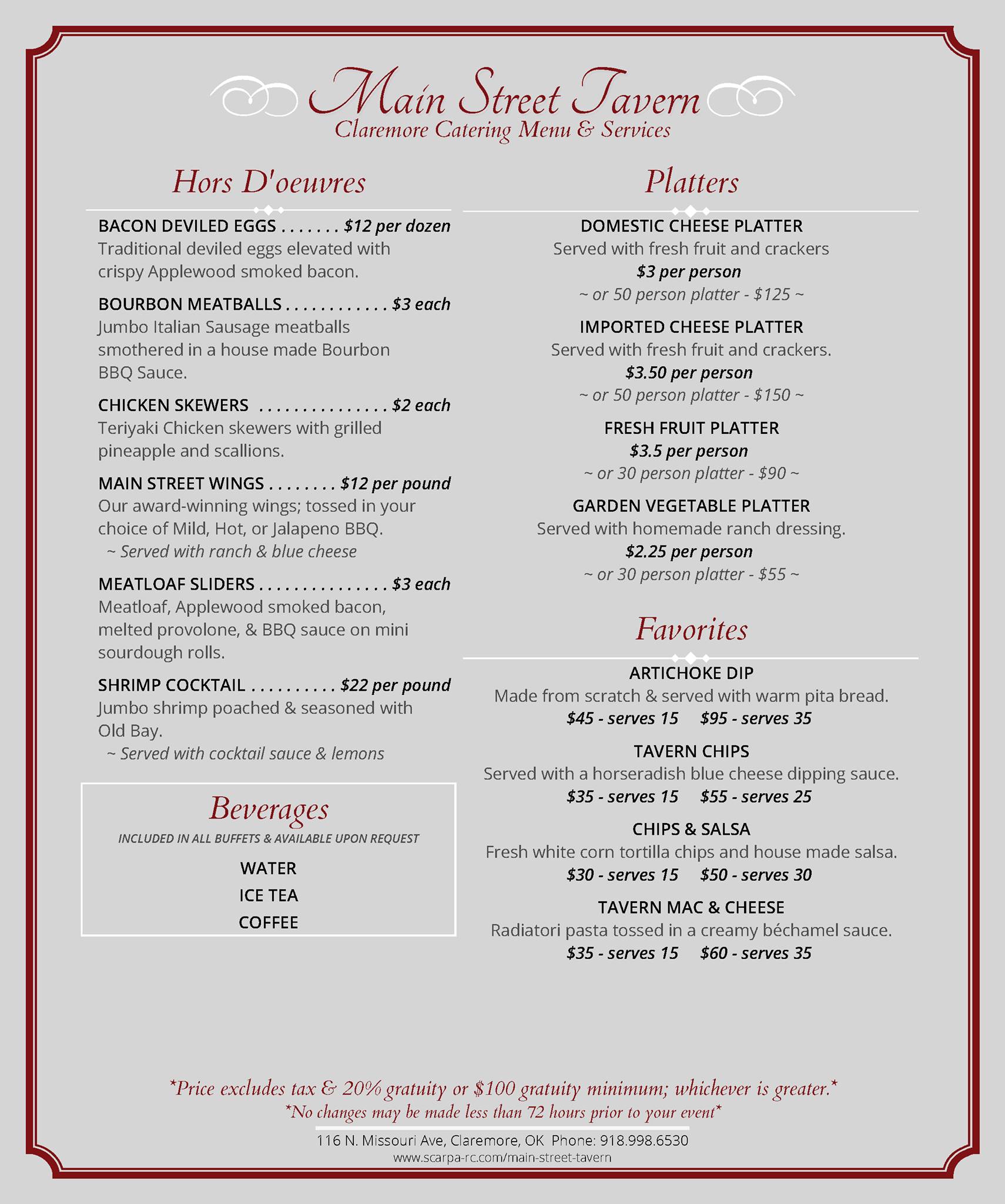 Menu at Main Street Tavern pub & bar, Claremore, 116 N Missouri Ave