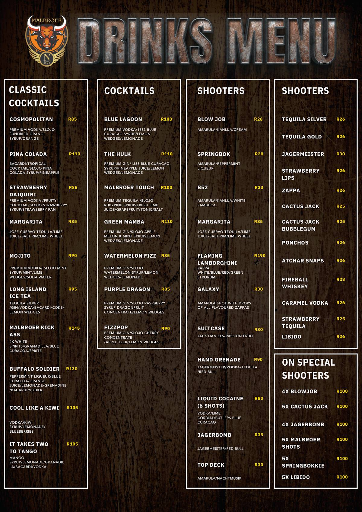 Menu at Malbroer pub & bar, Boksburg