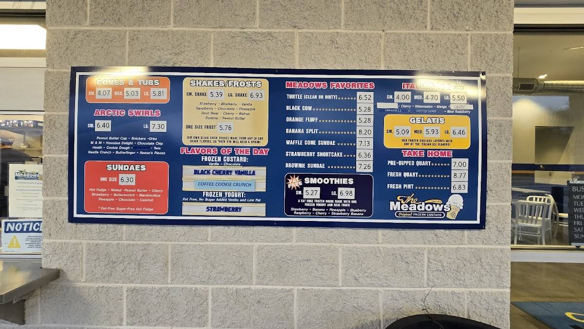Carta del pub y bar Meadows Original Frozen Custard, New Alexandria