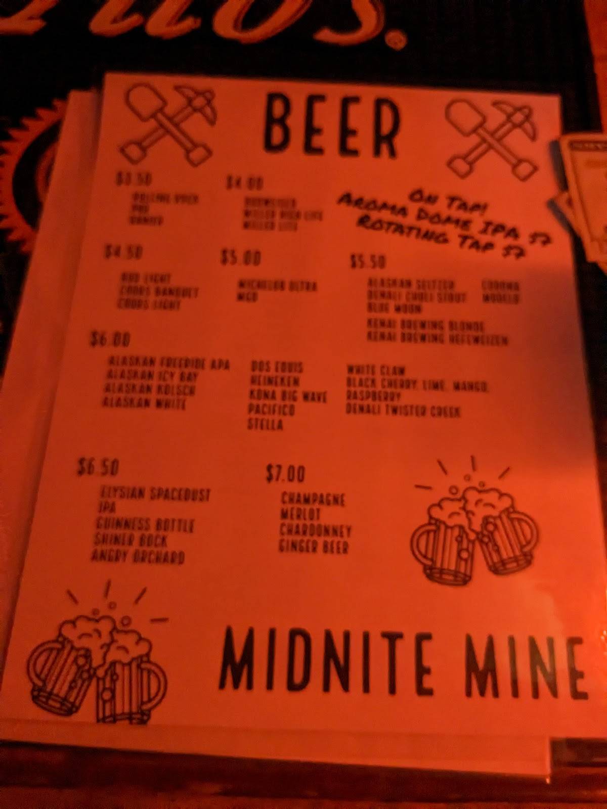 Menu at Midnite Mine pub & bar, Fairbanks