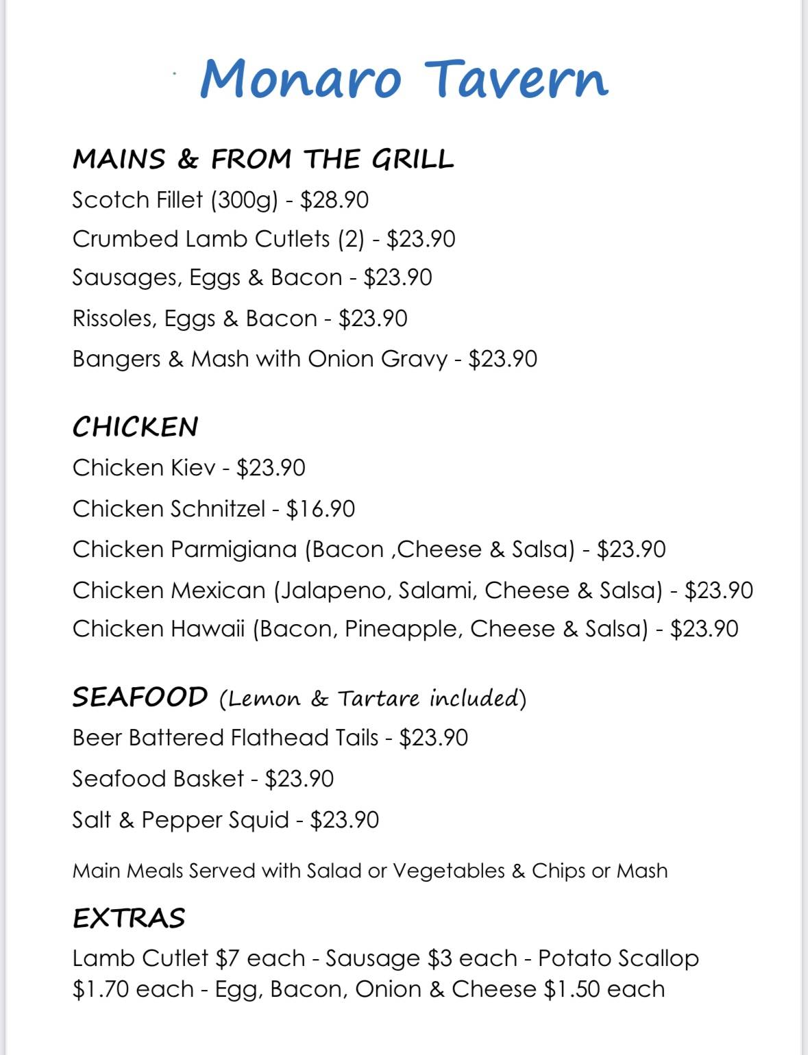 Menu at Monaro Tavern pub & bar, Symonston