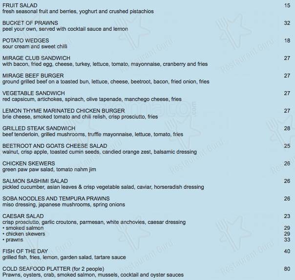 Menu at Oasis Pool Bar, Main Beach