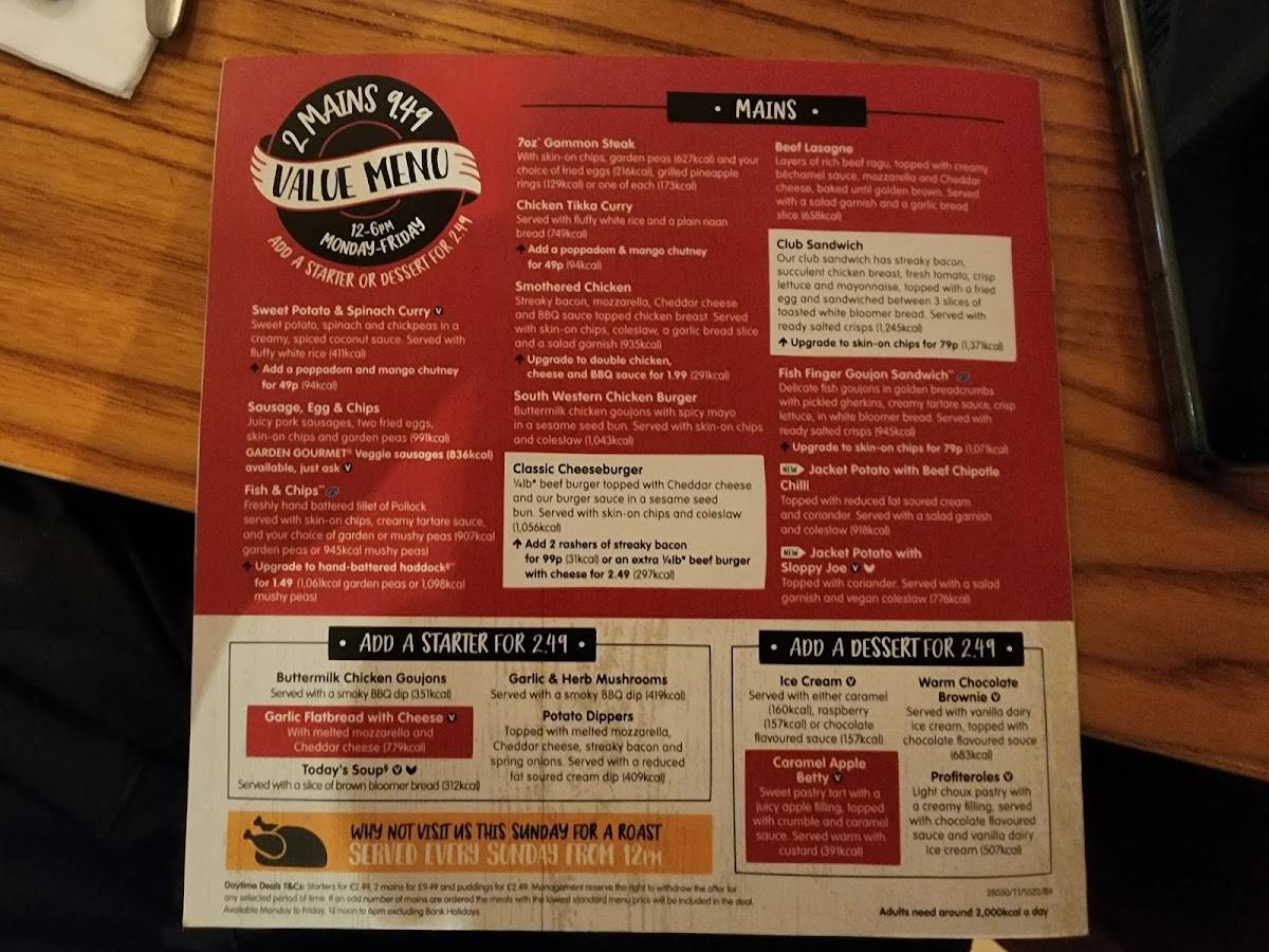 Menu at Orion Way Table Table pub & bar, Glasgow