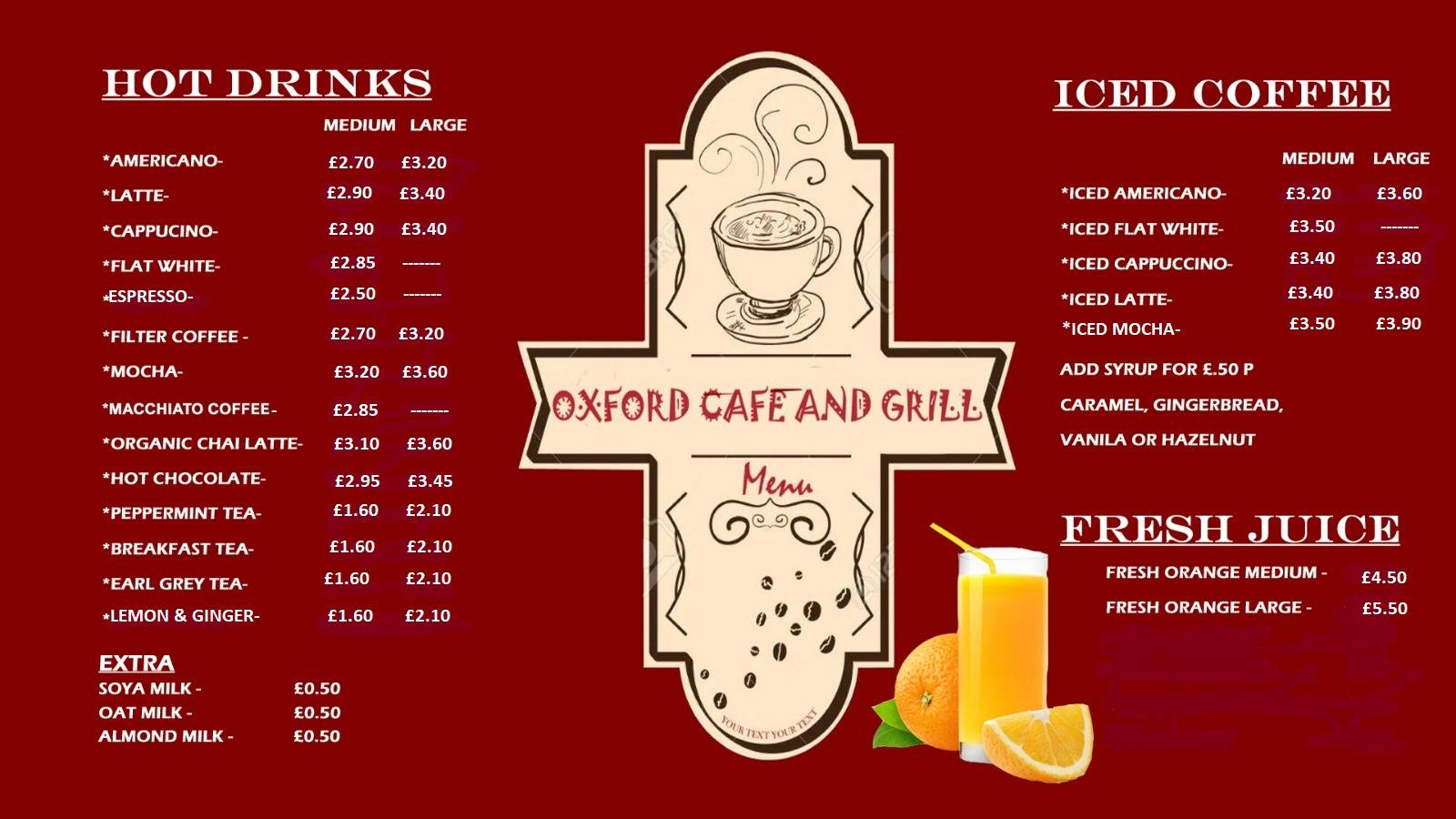 Menu au Oxford Café, Clamart, 18 Pl. Aimé Césaire