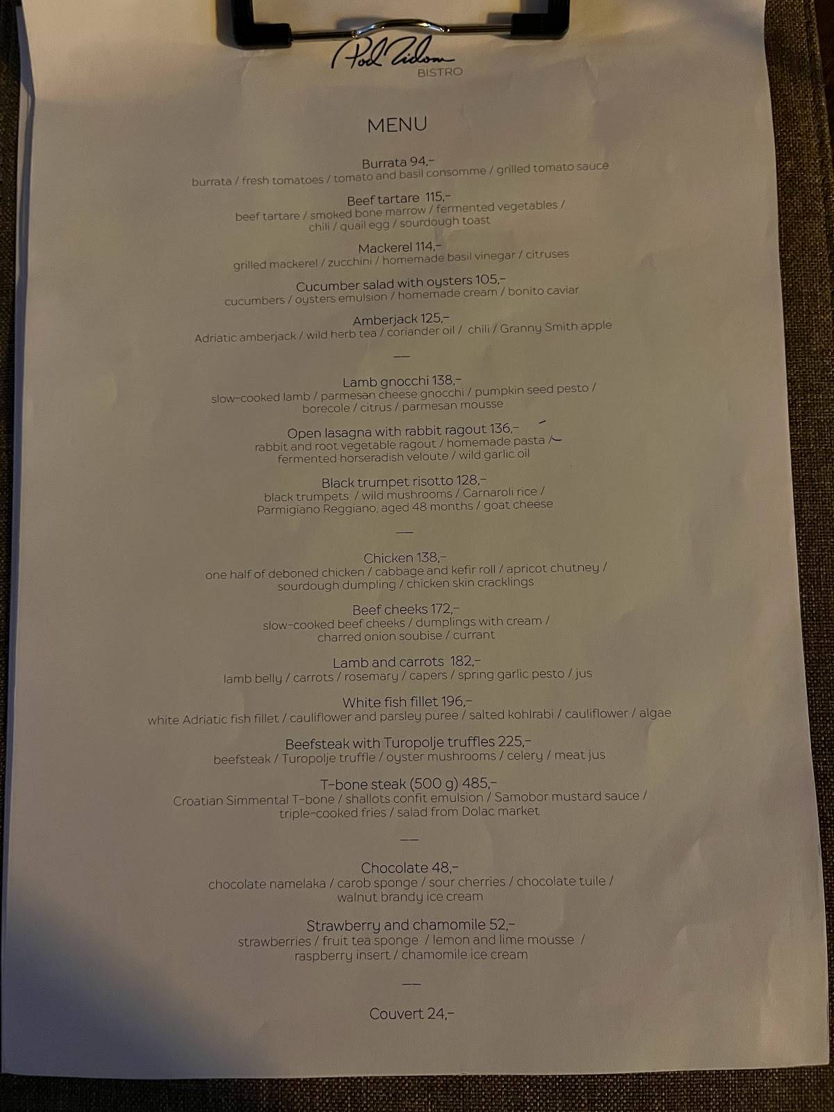 Menu at Pod Zidom Bistro cafe, Zagreb