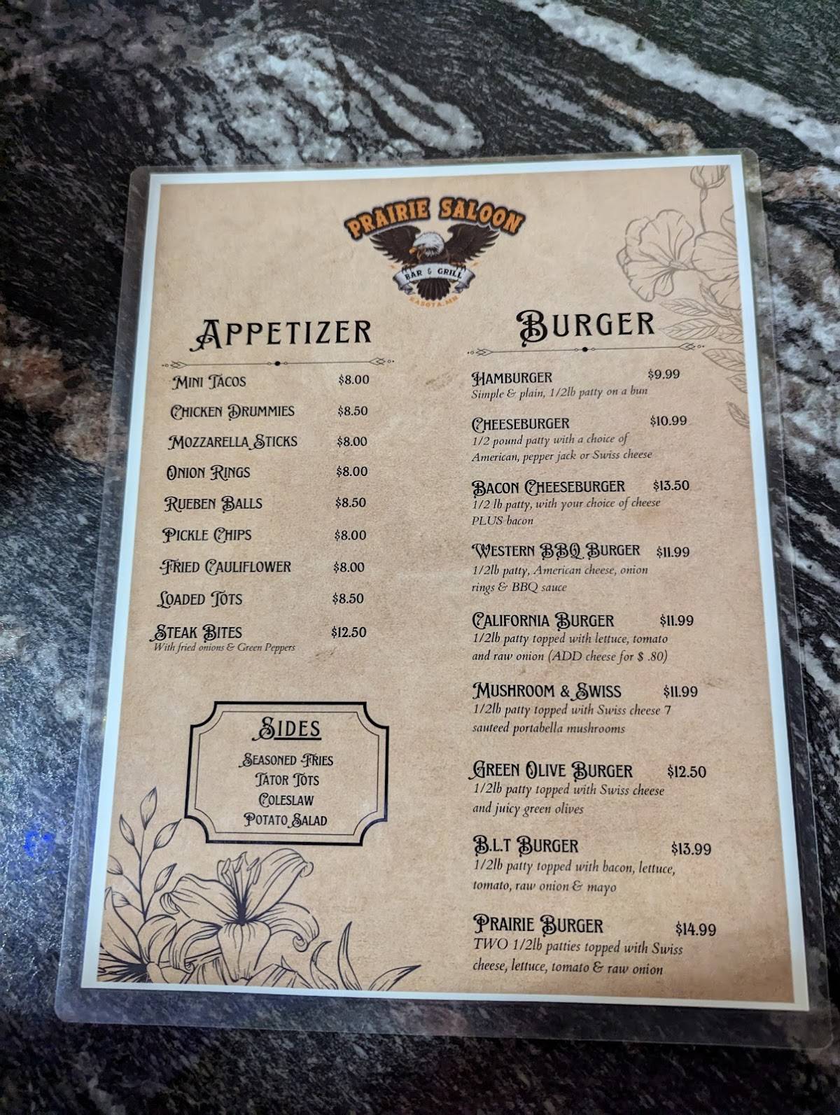 Menu at Prairie Saloon & Grill pub & bar, Kasota