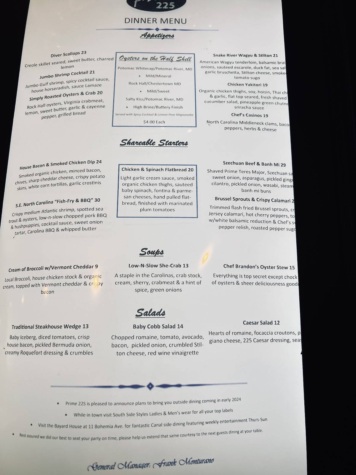 Menu at Prime 225 pub & bar, Chesapeake City